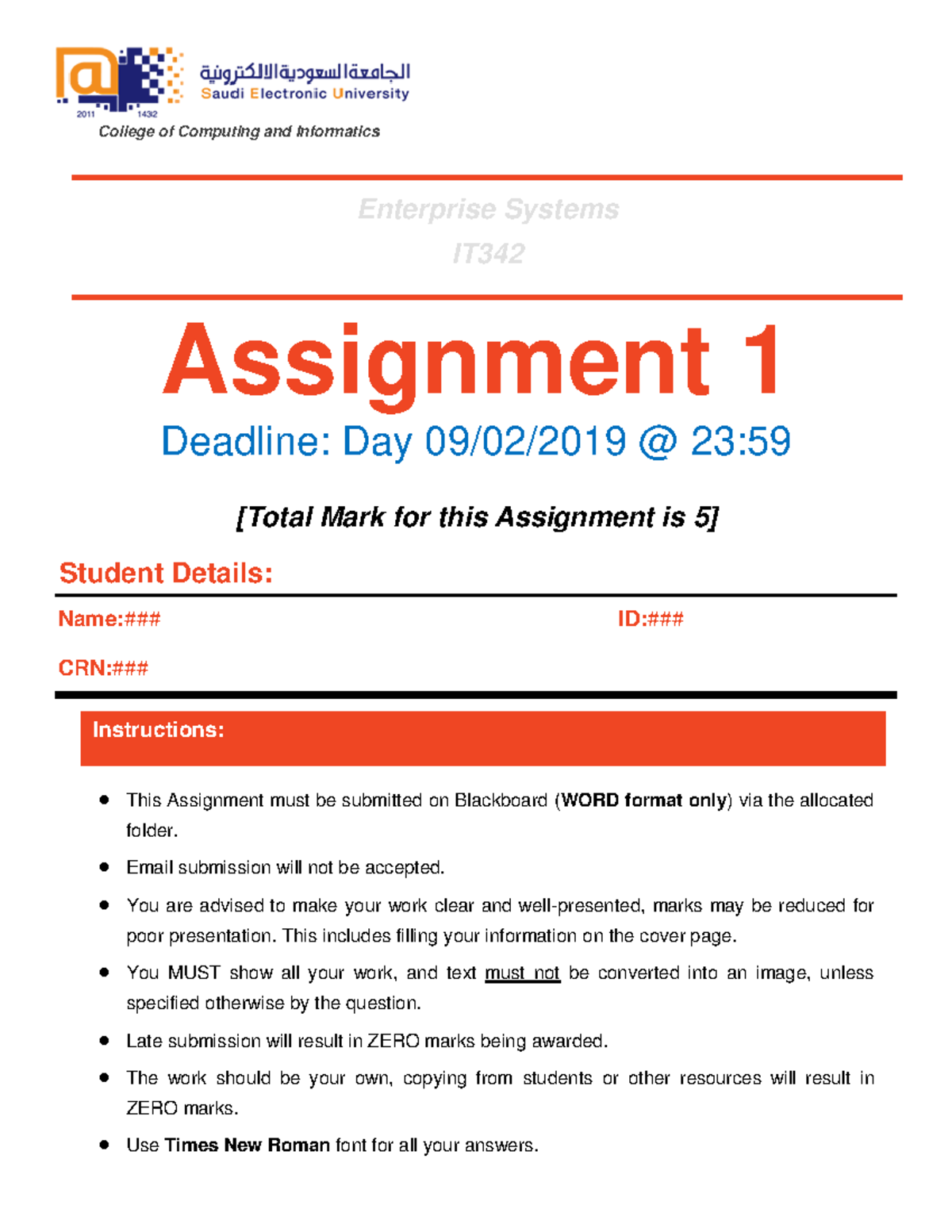 IT342-Assignment 1-Answers - College of Computing and Informatics Enterprise Systems IT342 - Studocu