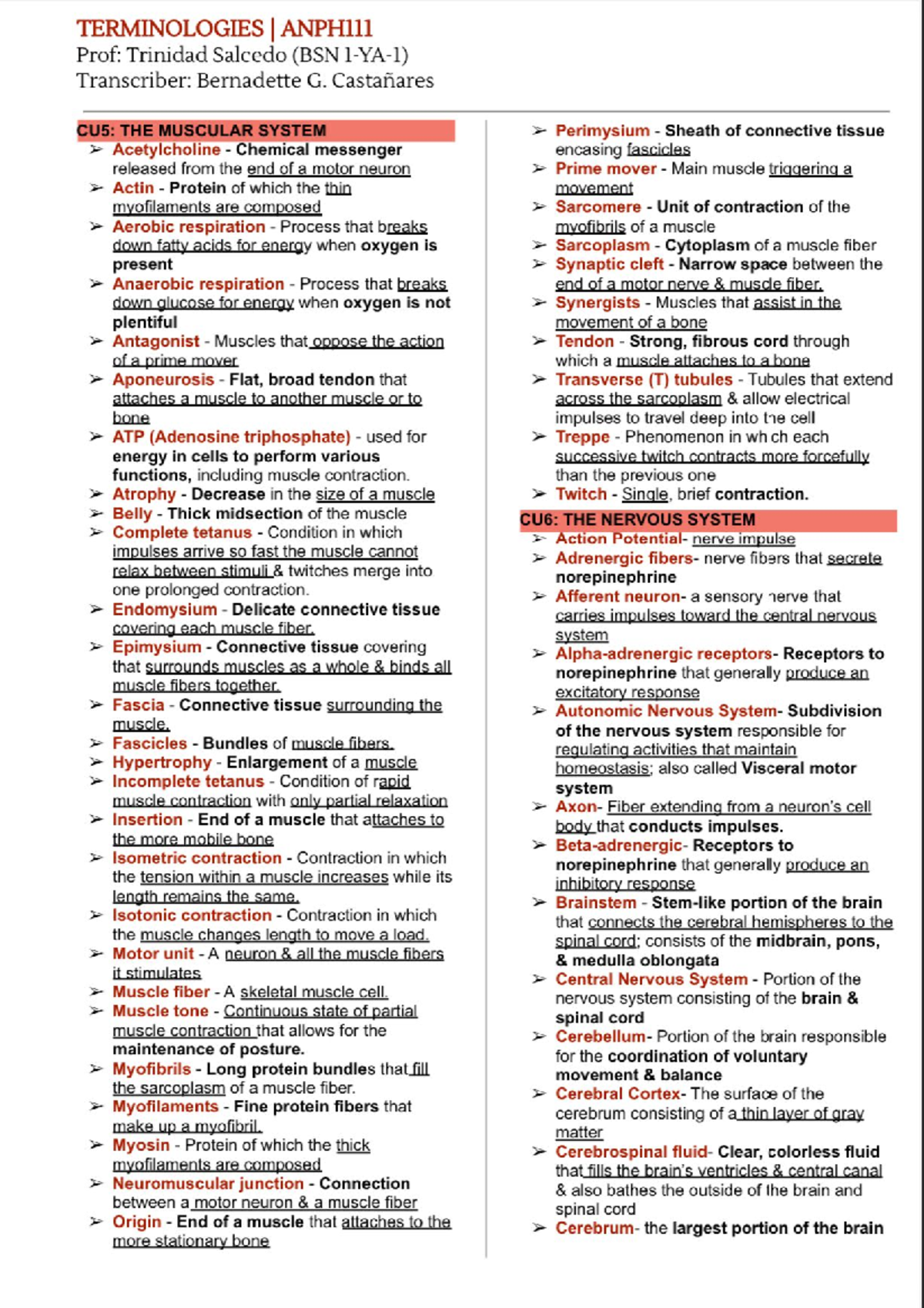 ANPH111 Midterms Terminologies - Nursing - Studocu