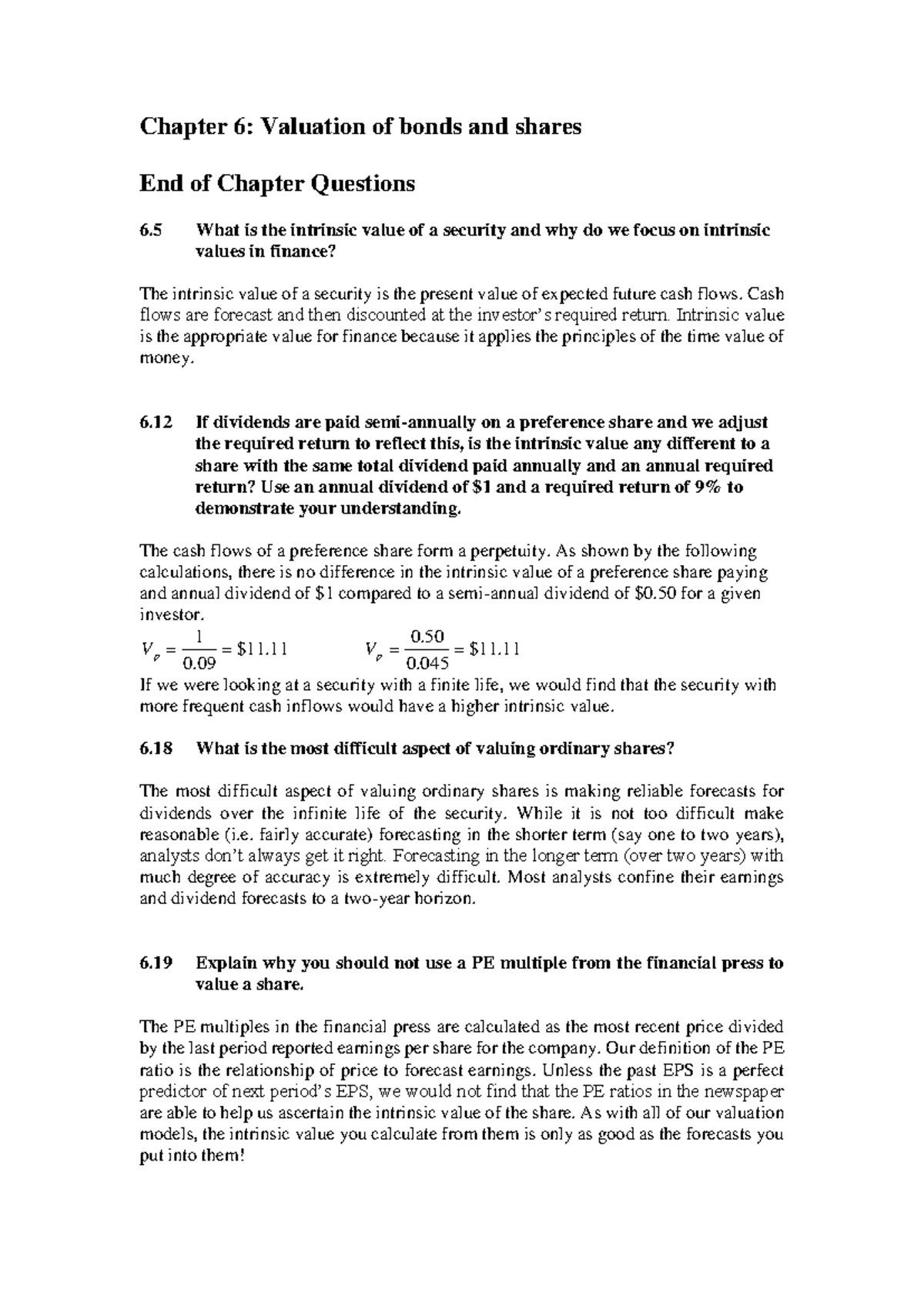 Ch 6 Tutorial Solutions - Chapter 6: Valuation of bonds and shares End of Chapter Questions 6 ...