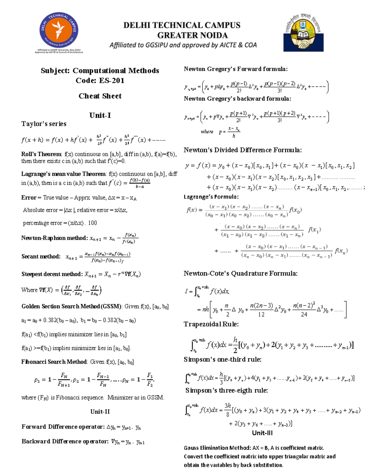 CM Cheat Sheet - Subject: Computational Methods Code: ES- Cheat Sheet ...