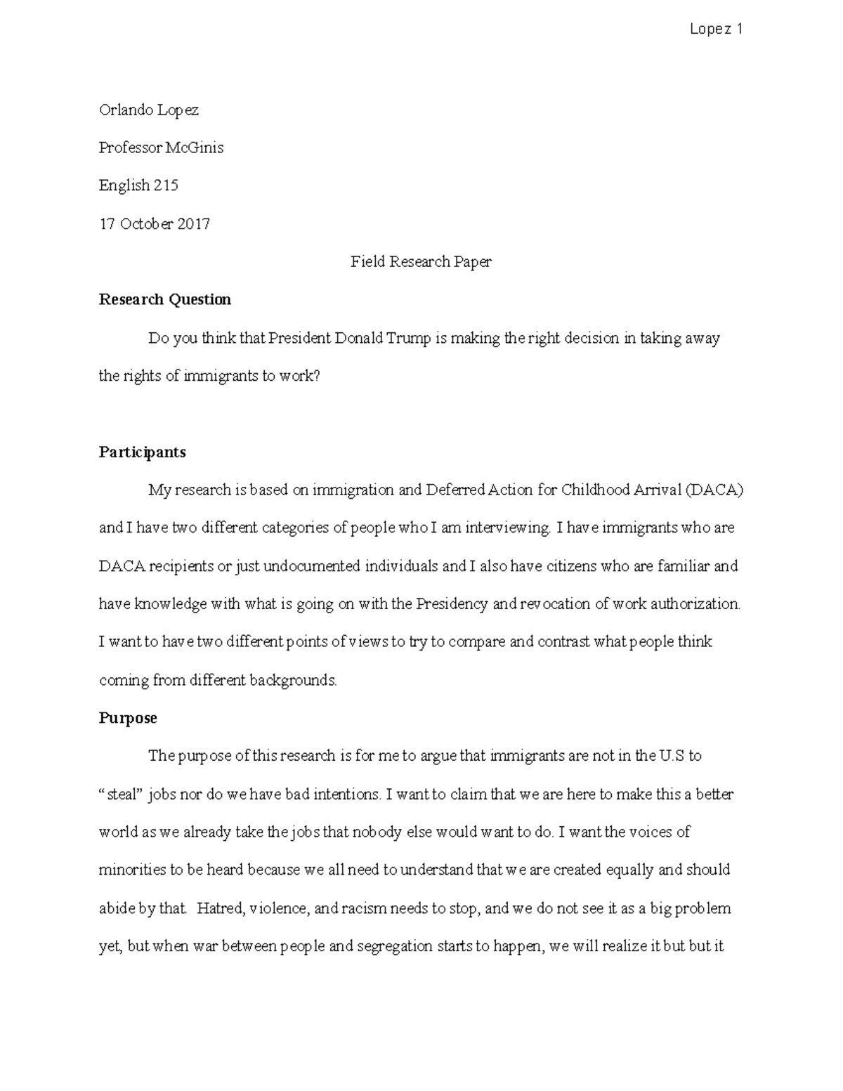 Field research - Lopez 1 Orlando Lopez Professor McGinis English 215 17 ...