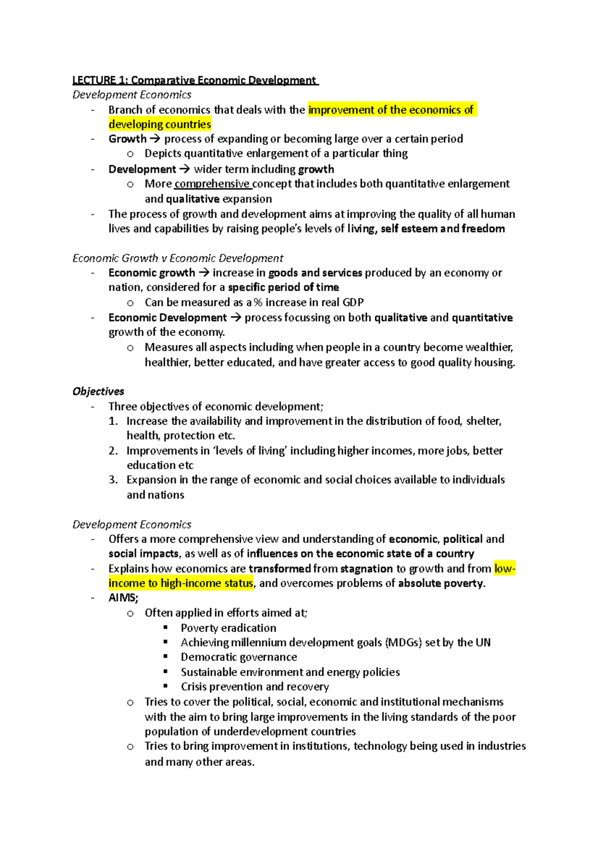 ECON2560 Lecture Notes - LECTURE 1: Comparative Economic Development ...