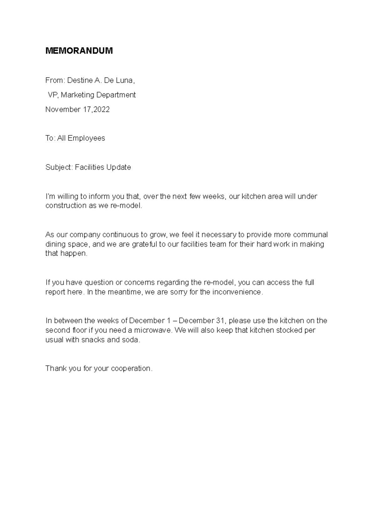 Business communication 2 - MEMORANDUM From: Destine A. De Luna, VP ...