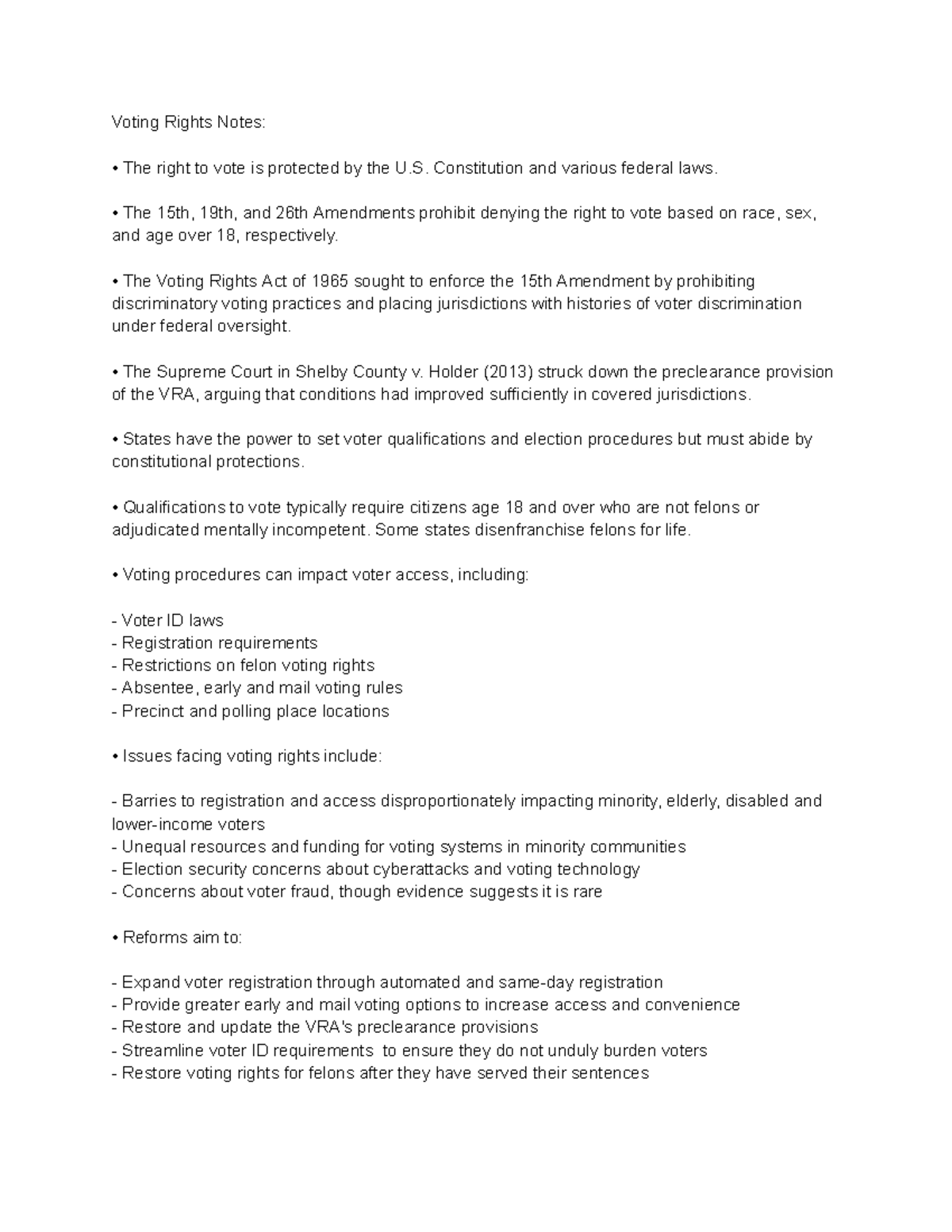 Voting Rights Notes - Voting Rights Notes: The right to vote is ...