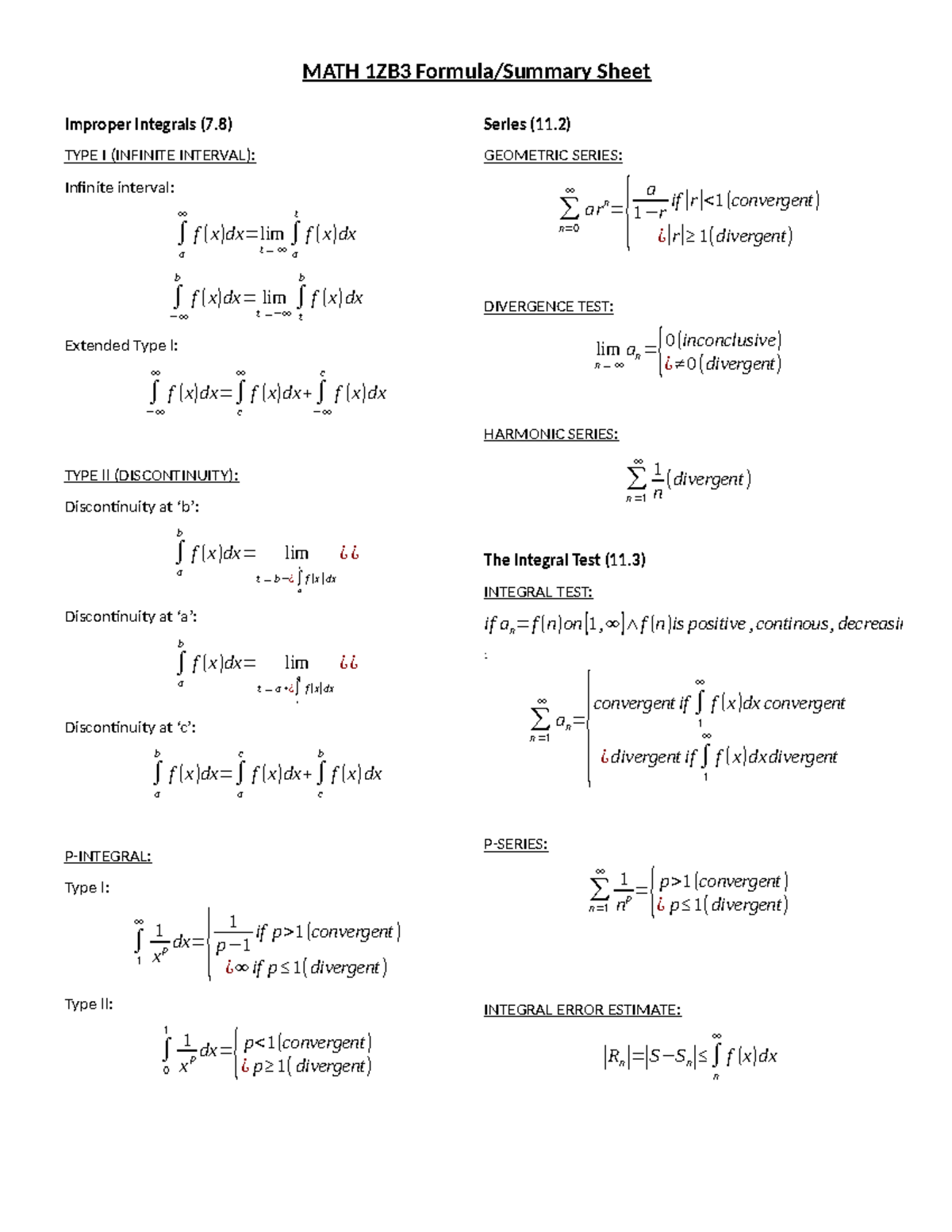 MATH 1ZB3 Exam Summary Guide - MATH 1ZB3 Formula/Summary Sheet Improper ...