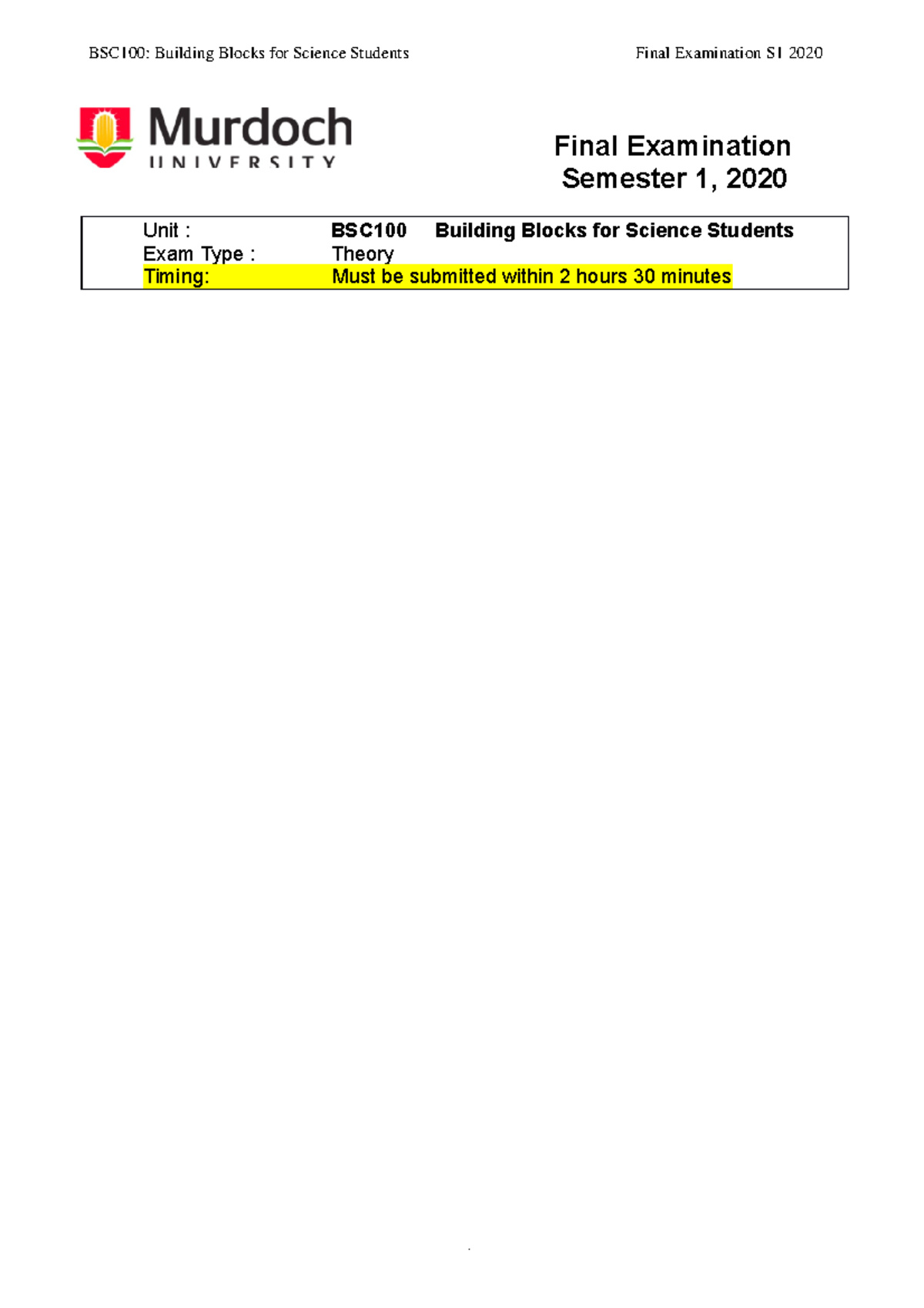 BSC100 Final Examination S1 2020 - Final Examination Semester 1, 2020 ...