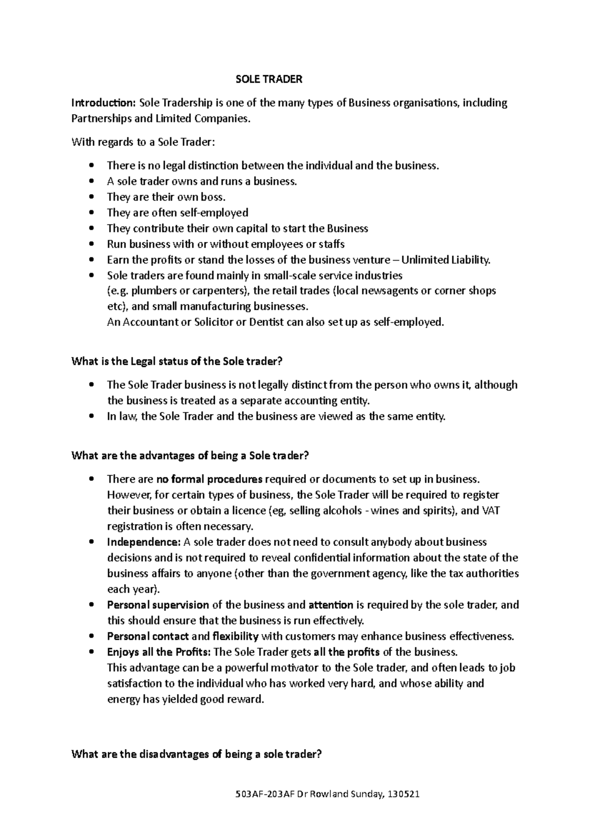 503af Week 4 Session 1 Sole Trader Copy Sole Trader Introduction Sole Tradership Is One Of