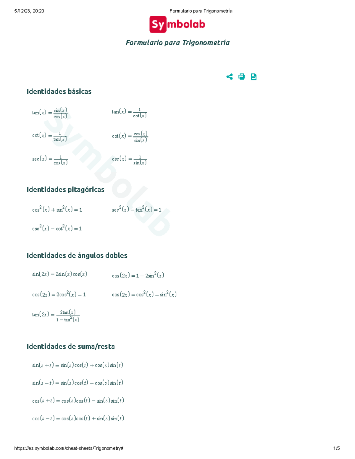 Formulario para Trigonometría Symbolab - Identidades básicas tan x ...