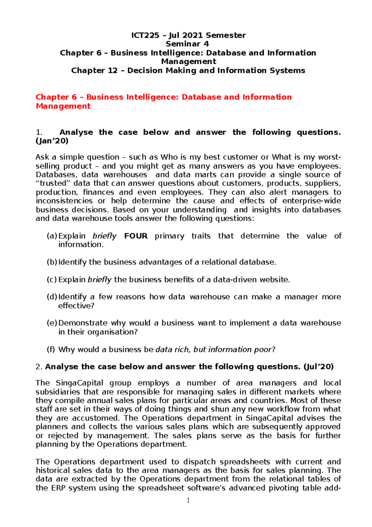 ICT225 e Tutorial 4 Chps 6 and 12 - Jul2021 - ICT225 – Jul 2021 ...