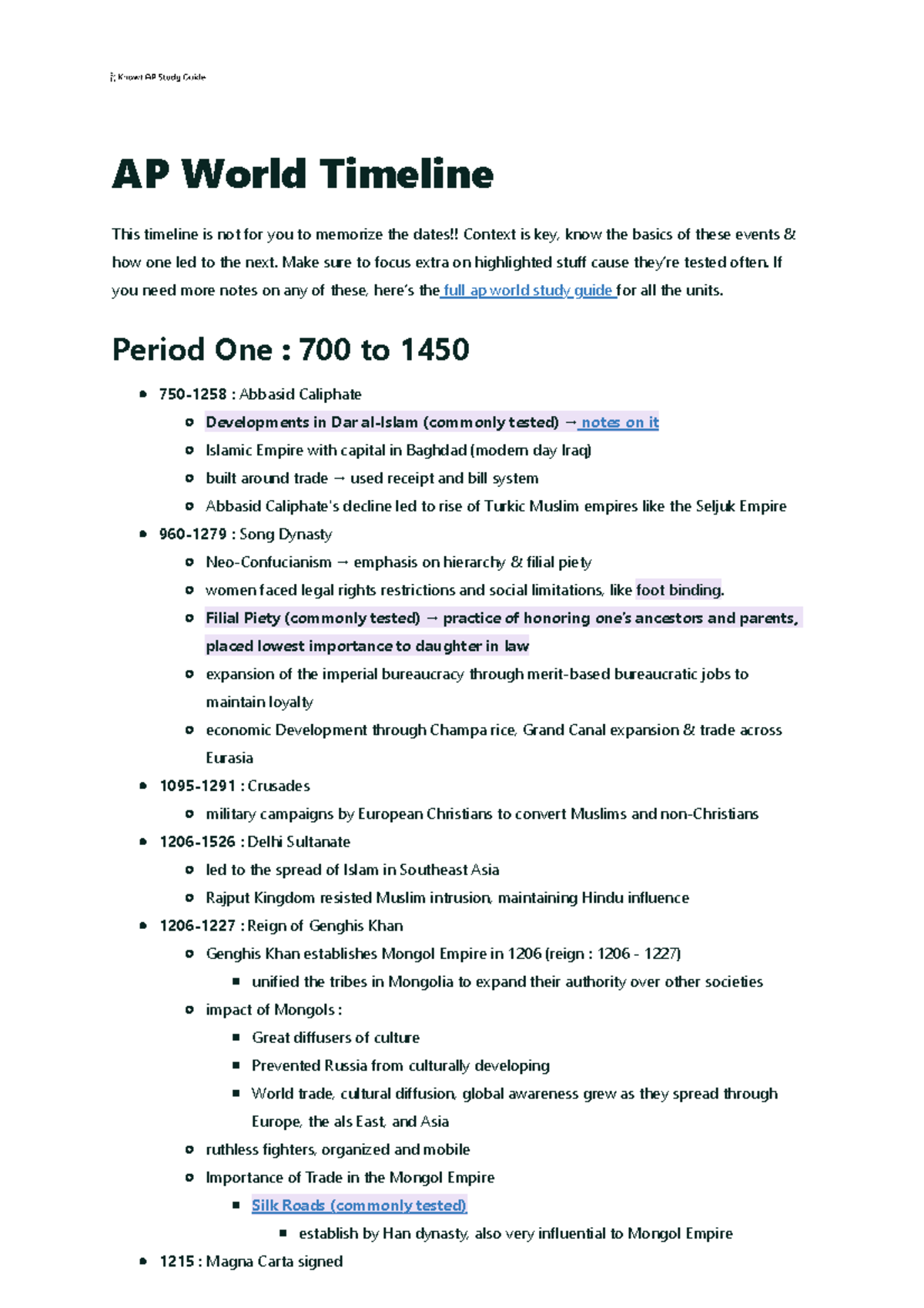 AP World Timeline Notes Knowt - AP World Timeline This timeline is not ...