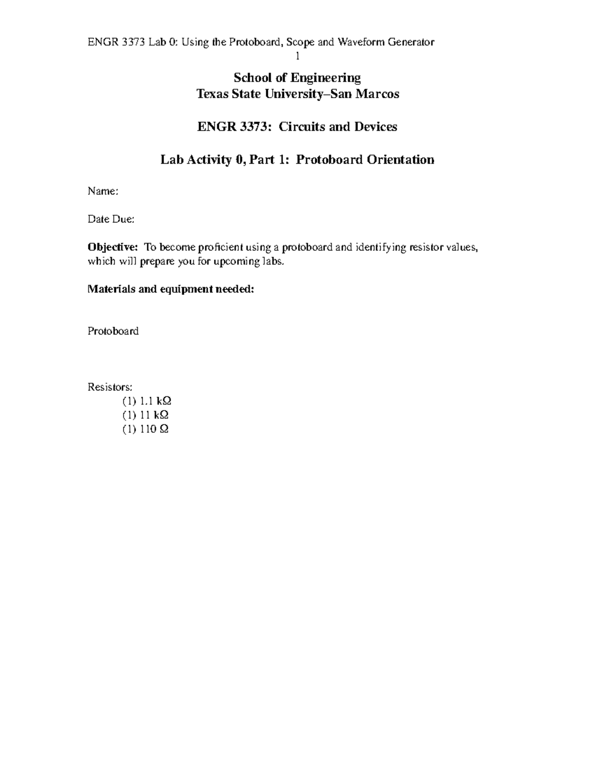 Lab-0 Protoboard Orientation - 1 School of Engineering Texas State ...