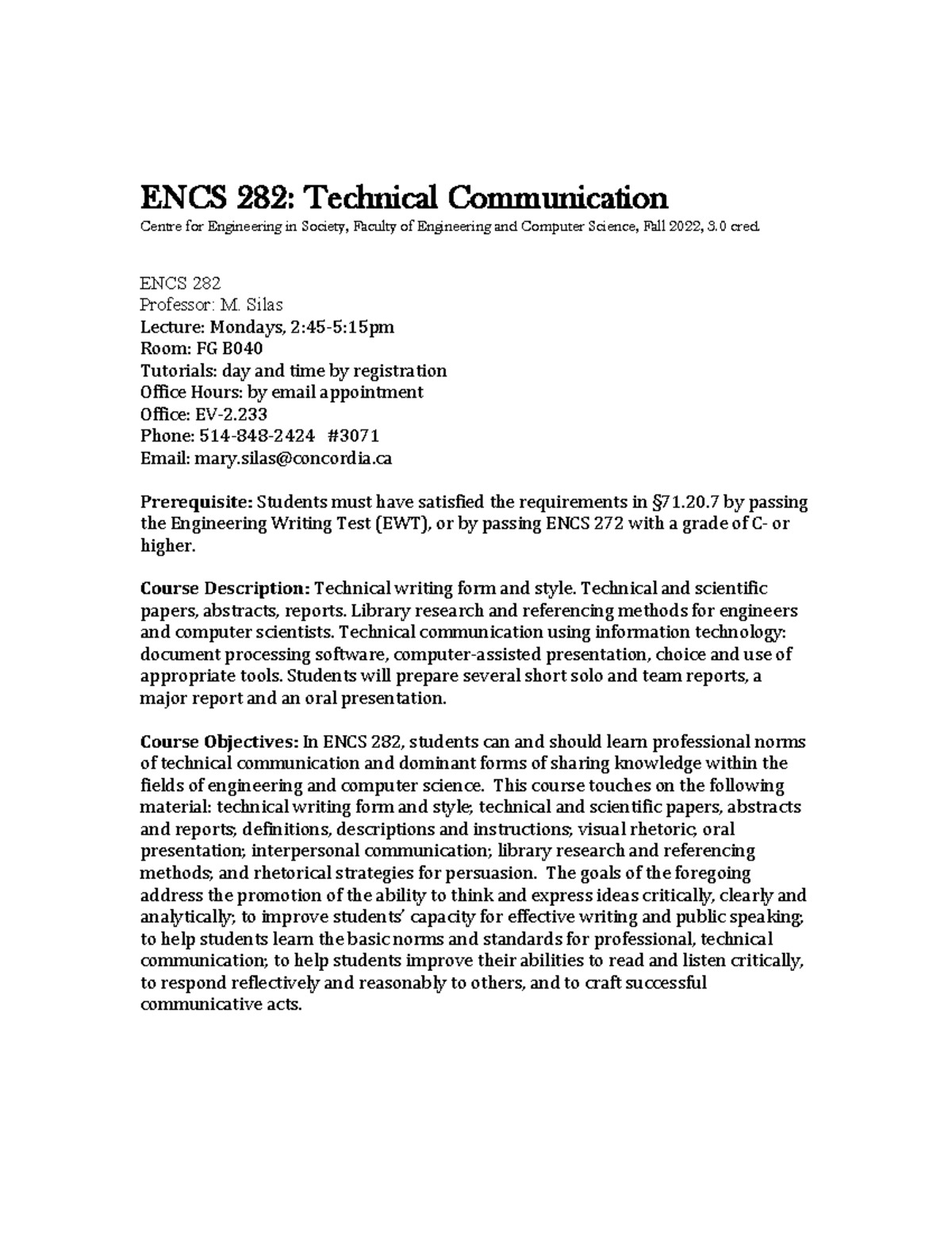 ENCS282 - Fall 2022 course description - ENCS 282: Technical Communication Centre for ...