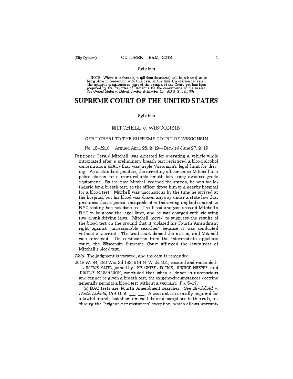 Mitchell v. Wisconsin - Case - (Slip Opinion) OCTOBER TERM, 2018 1 ...