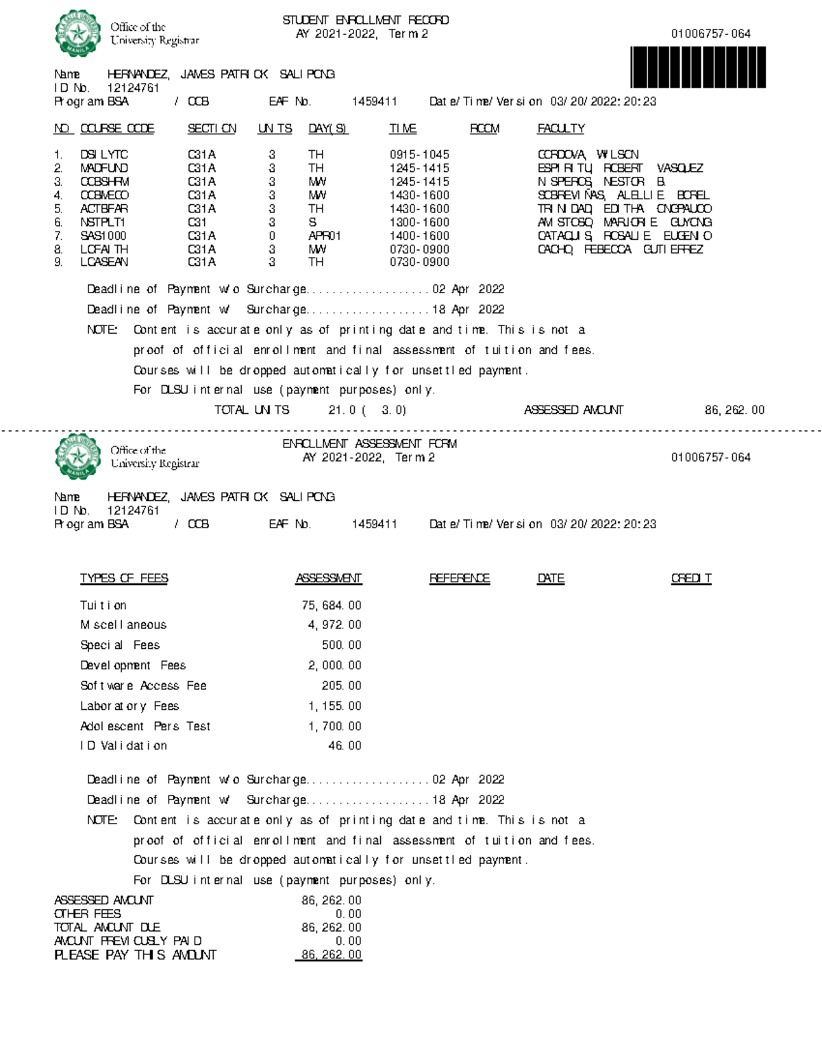 Yes - yes - STUDENT ENROLLMENT RECORD AY 2021-2022, Term 2 01006757- Name HERNANDEZ, JAMES ...