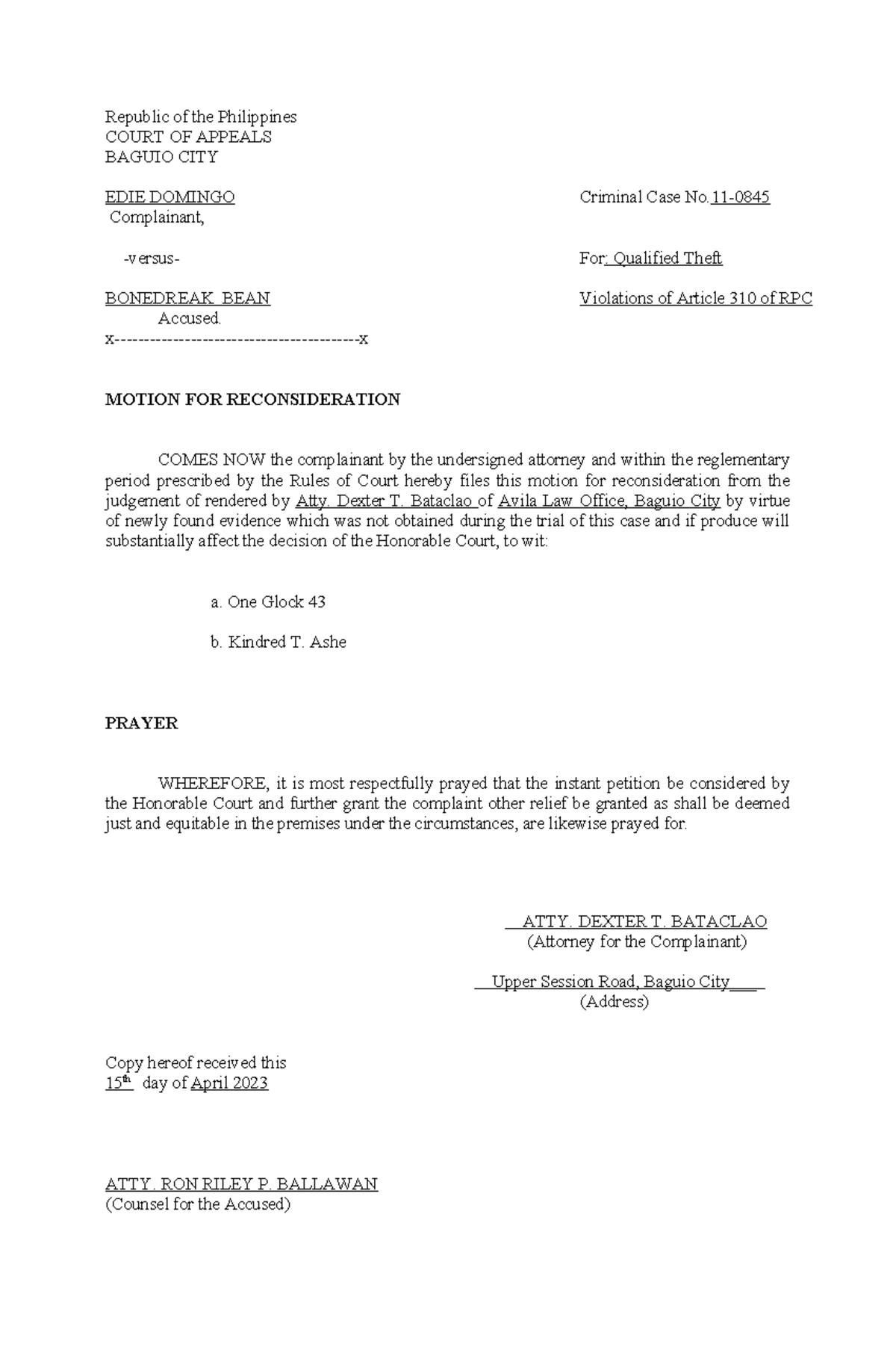 Prayer - Legal forms fro Complaint - Republic of the Philippines COURT ...