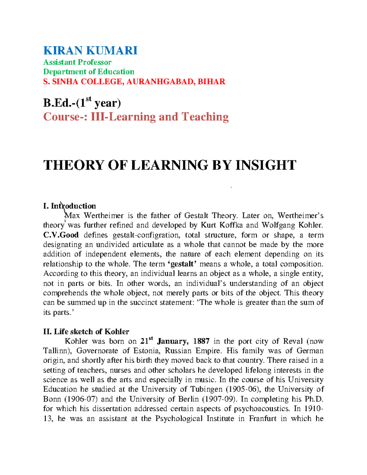 B. Ed. (1st Year) Paper-III (Topic- Insight Theory) - KIRAN KUMARI Assistant Professor ...