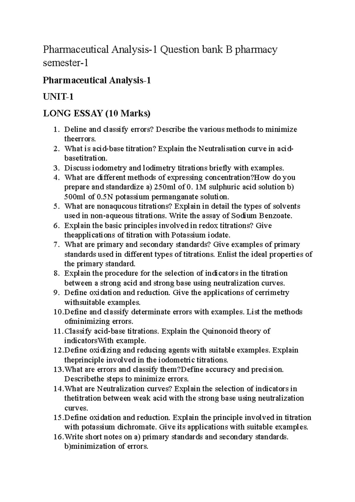 Pharmaceutical Analysis sem 1 qb - Pharmaceutical Analysis-1 Question ...