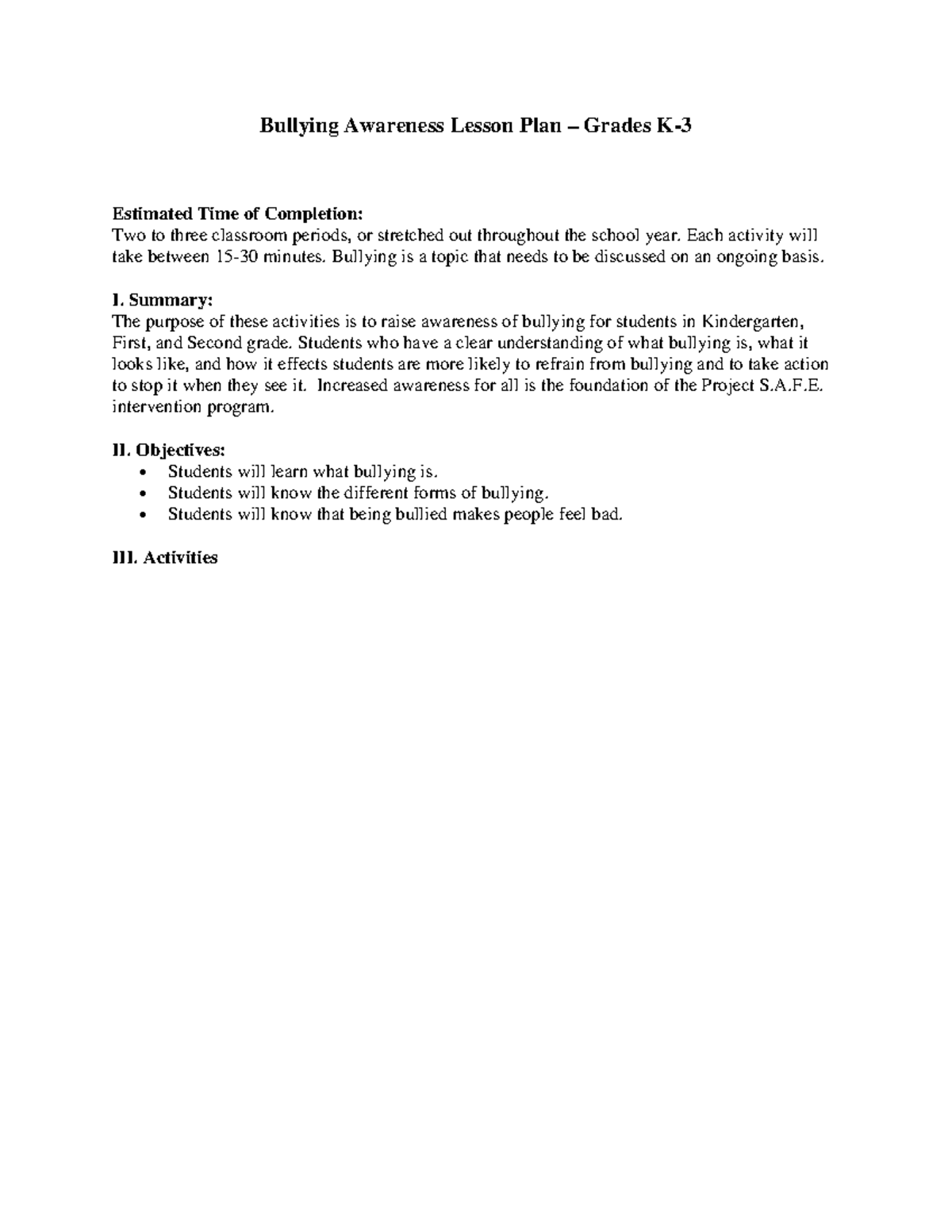 Bullying-Awareness-Lesson-Plan-K 3 - Bullying Awareness Lesson Plan ...