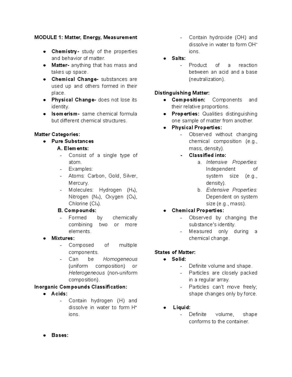 Reviewer-CHEM - Review mer for pre lims - MODULE 1: Matter, Energy, Measurement Chemistry- study ...
