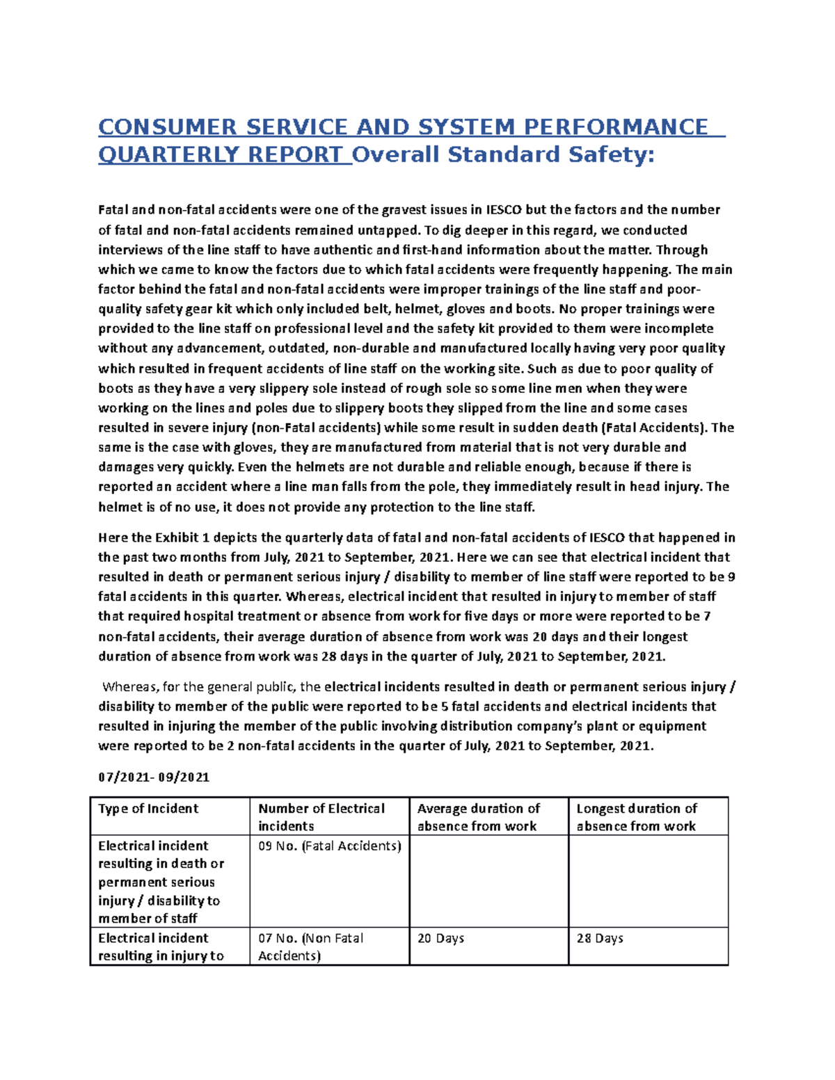 Operational Improvement Plan and safety performance Report - CONSUMER ...
