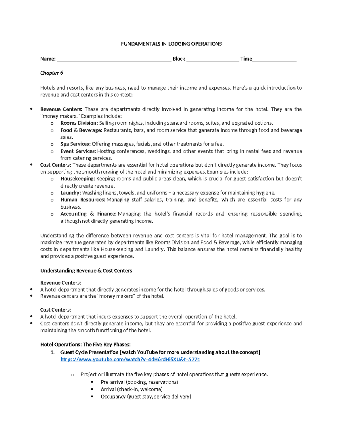 Module Chapter 6 FOR Print - FUNDAMENTALS IN LODGING OPERATIONS Name: - Studocu