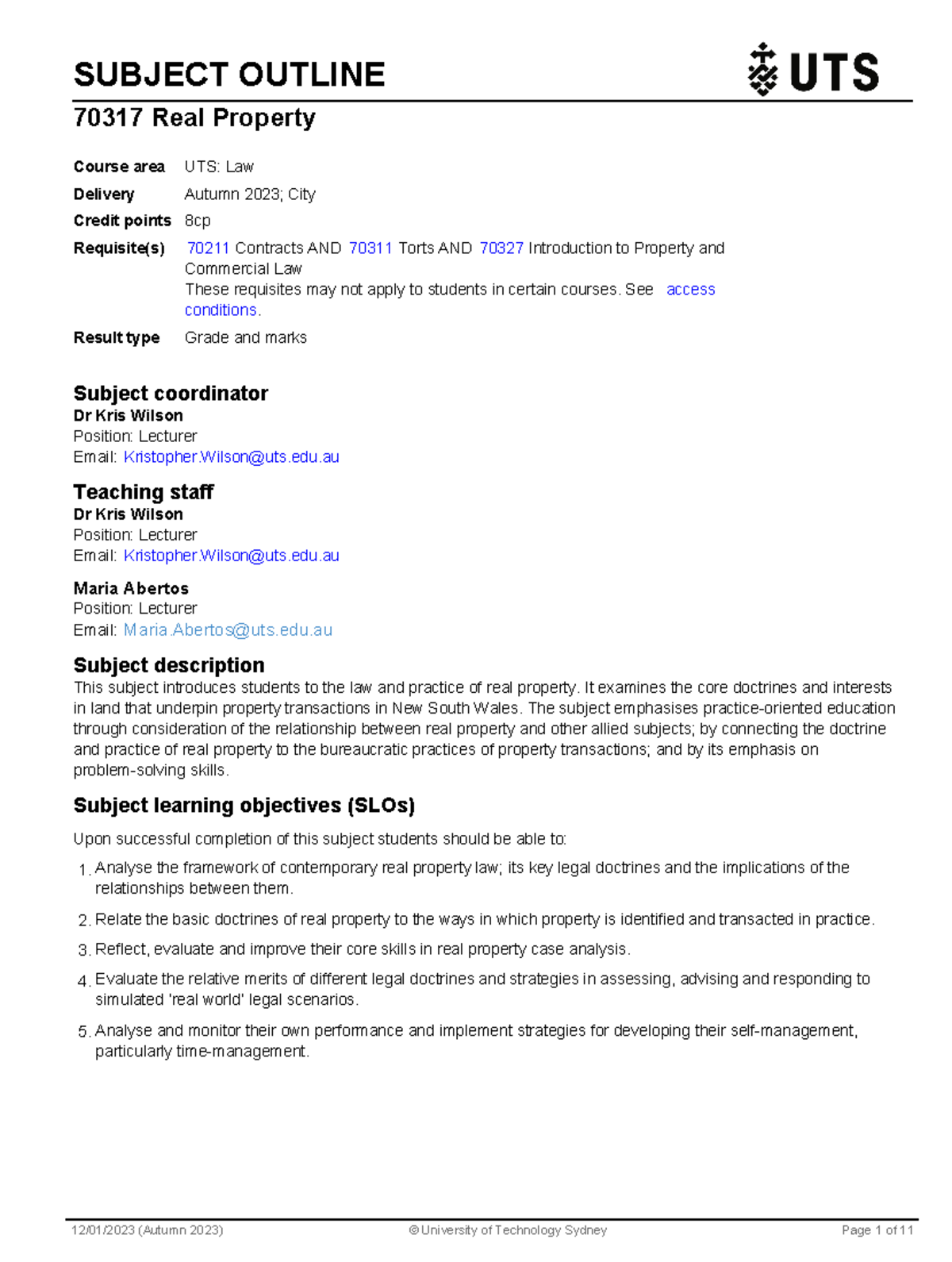 Subject Outline - SUBJECT OUTLINE 70317 Real Property Subject ...