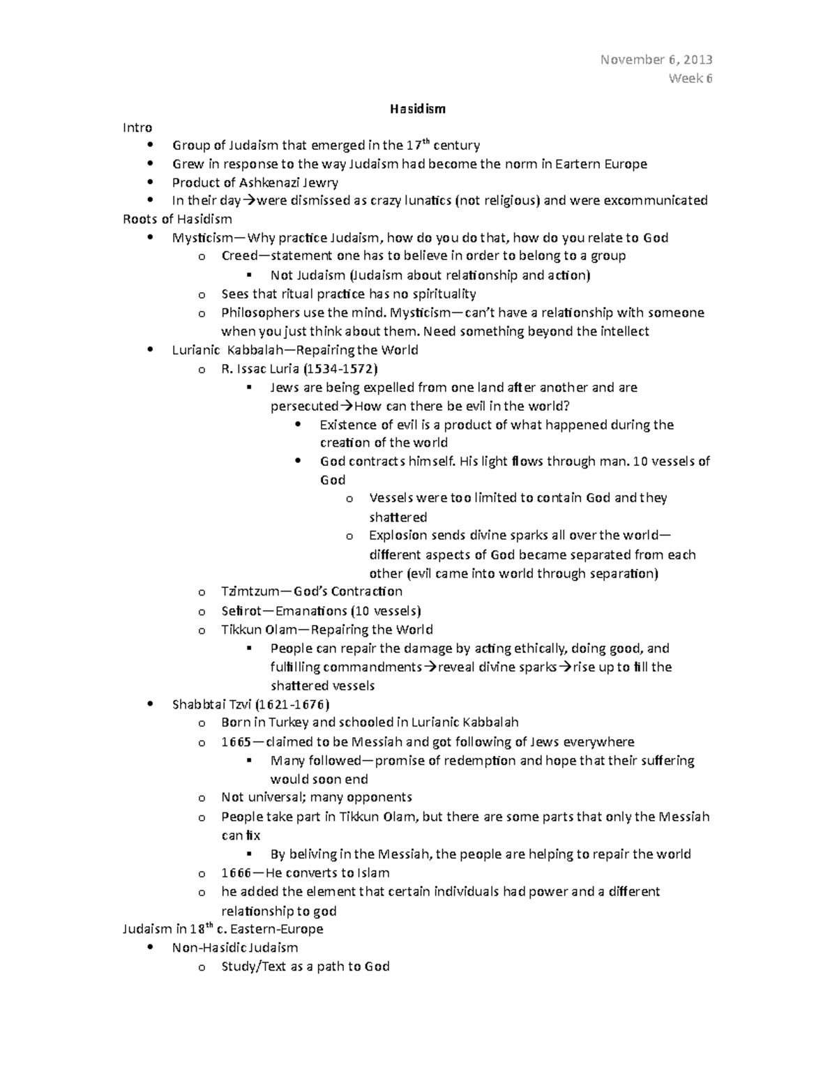 Hasidism - Summary CULT&RELG-JUDSM - November 6, 2013 Week 6 Hasidism ...