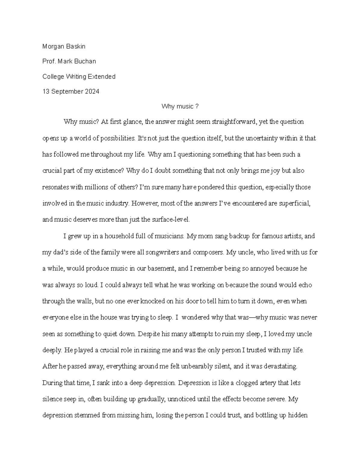 Why music - Why Italian writing assignment - Morgan Baskin Prof. Mark ...