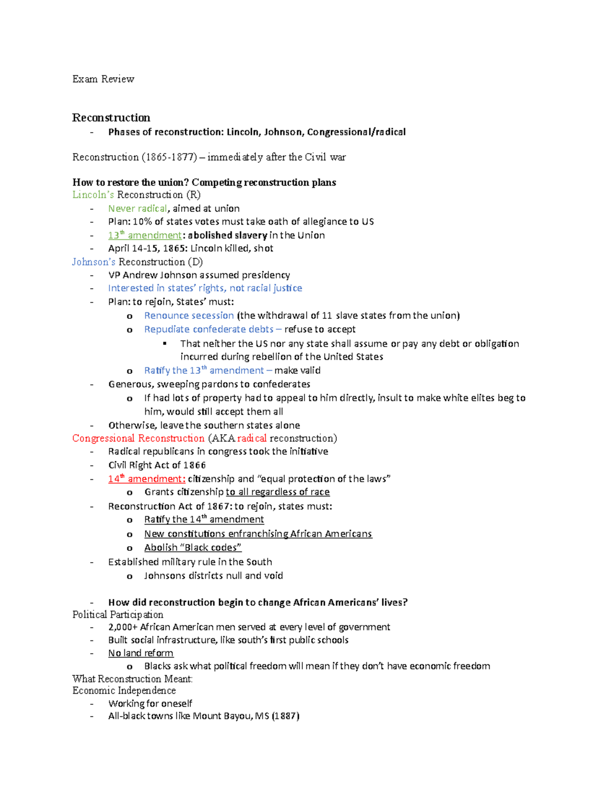 Exam Review - Exam Review Reconstruction Phases of reconstruction ...
