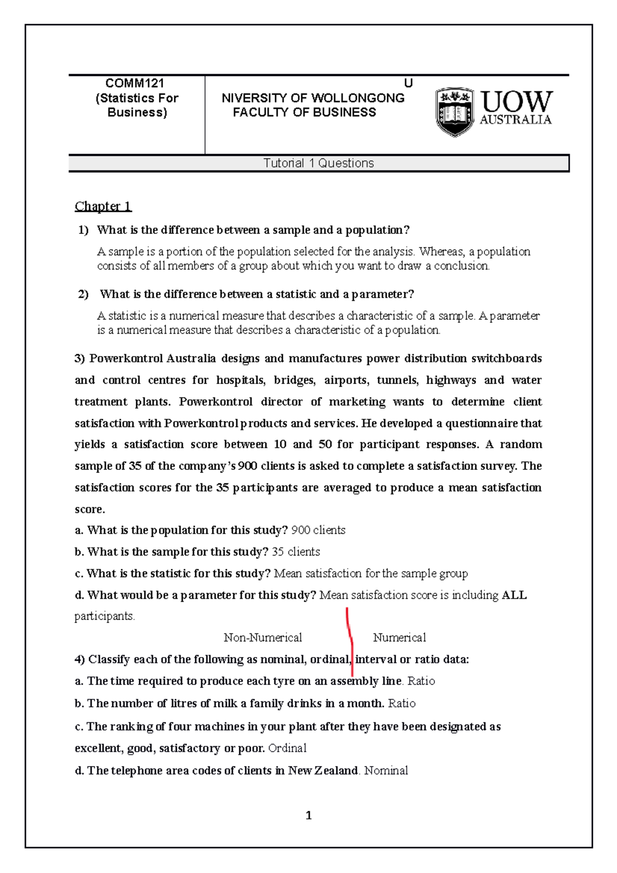 COMM121 Tut 1 Questions Ch 1 3 - COMM (Statistics For Business) U ...