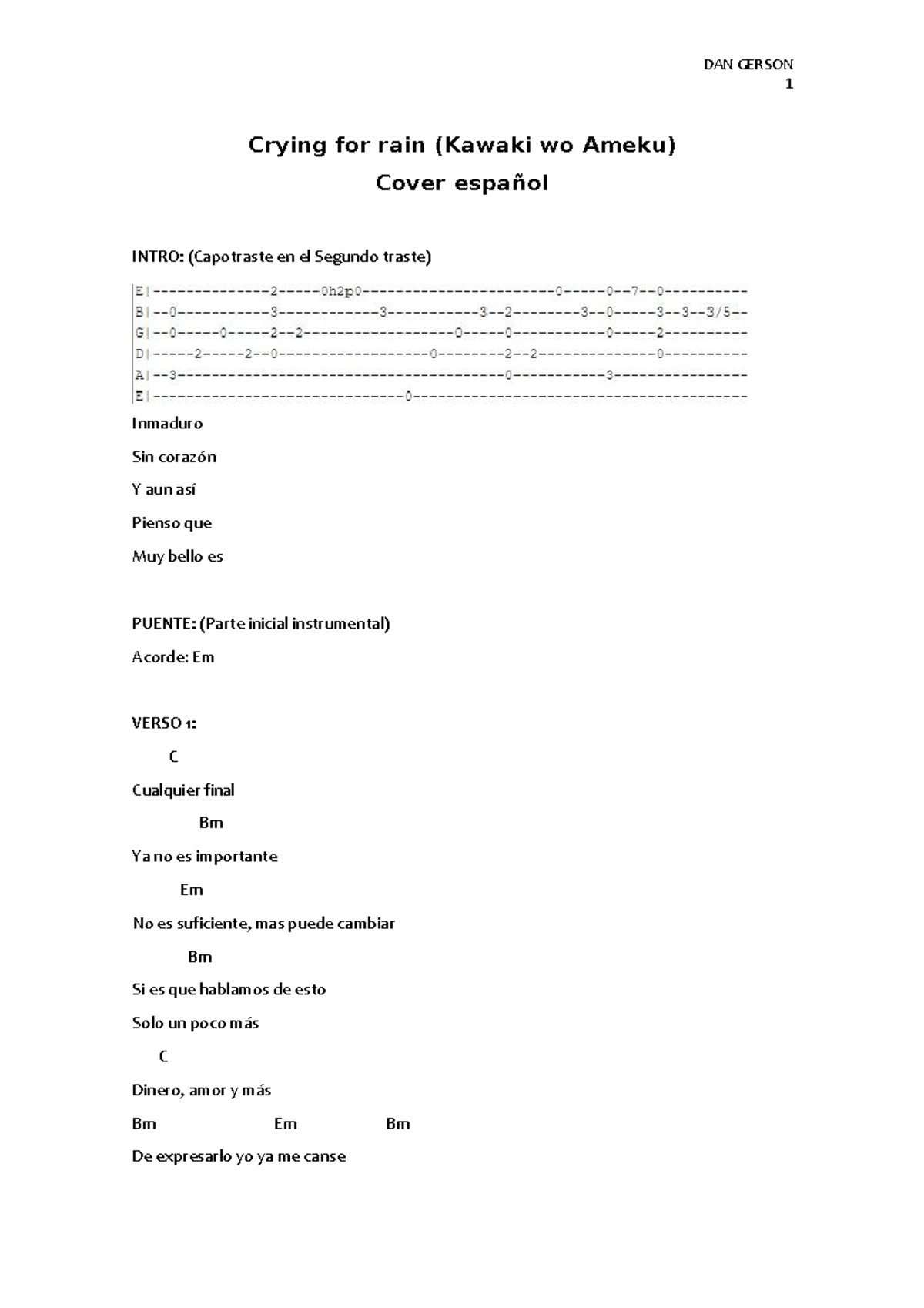 Crying for rain - DAN GERSON 1 Crying for rain (Kawaki wo Ameku) Cover ...