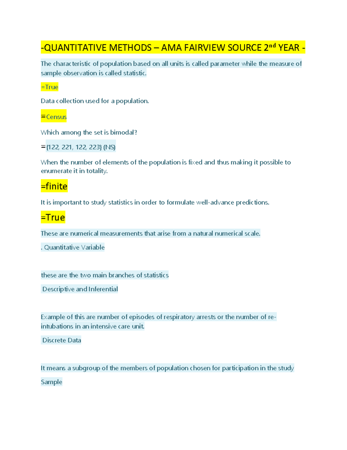 Pdfcoffee - Quizzes and Exams -QUANTITATIVE METHODS – AMA FAIRVIEW SOURCE 2nd YEAR - The - Studocu