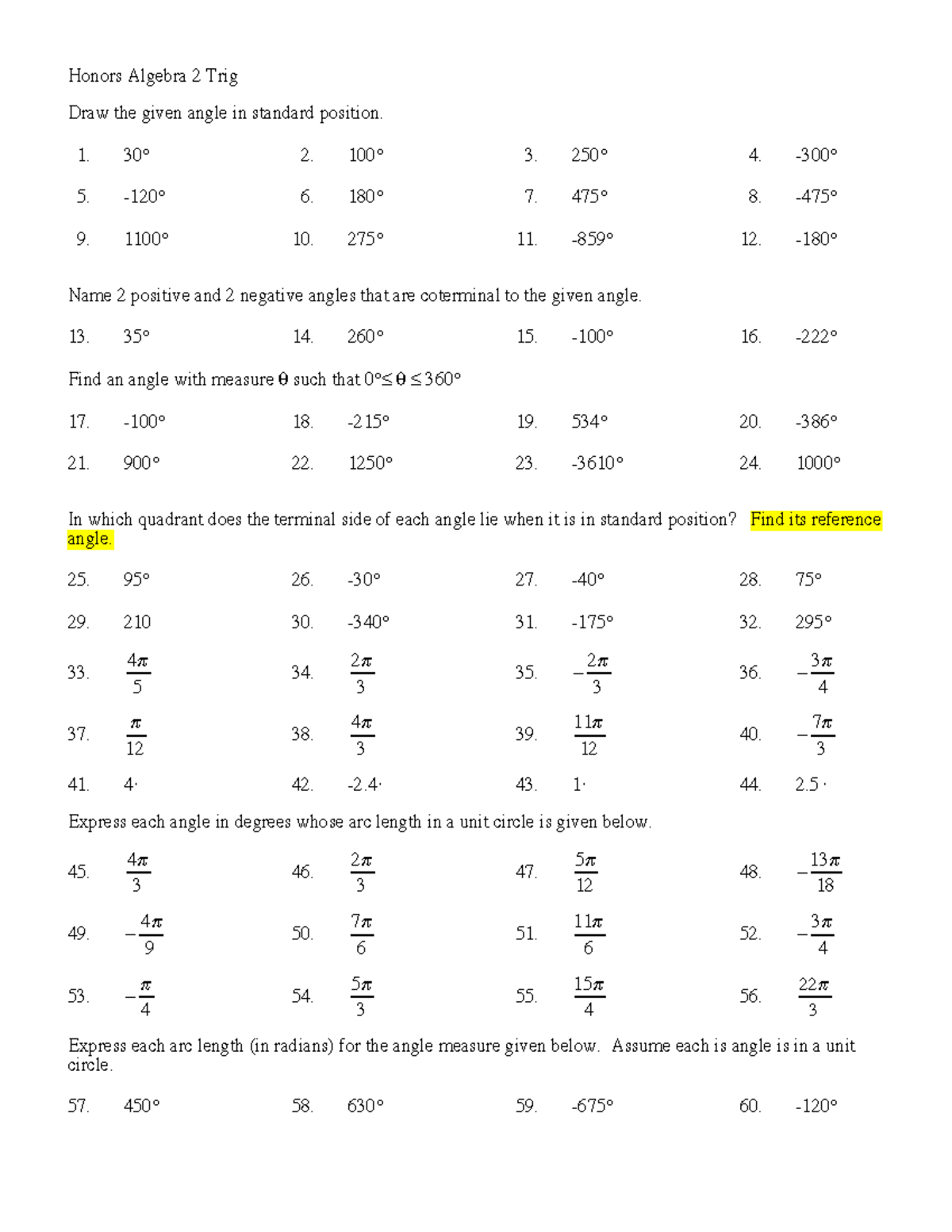 Angles sectors 20 - Worksheet - Honors Algebra 2 Trig Draw the given ...