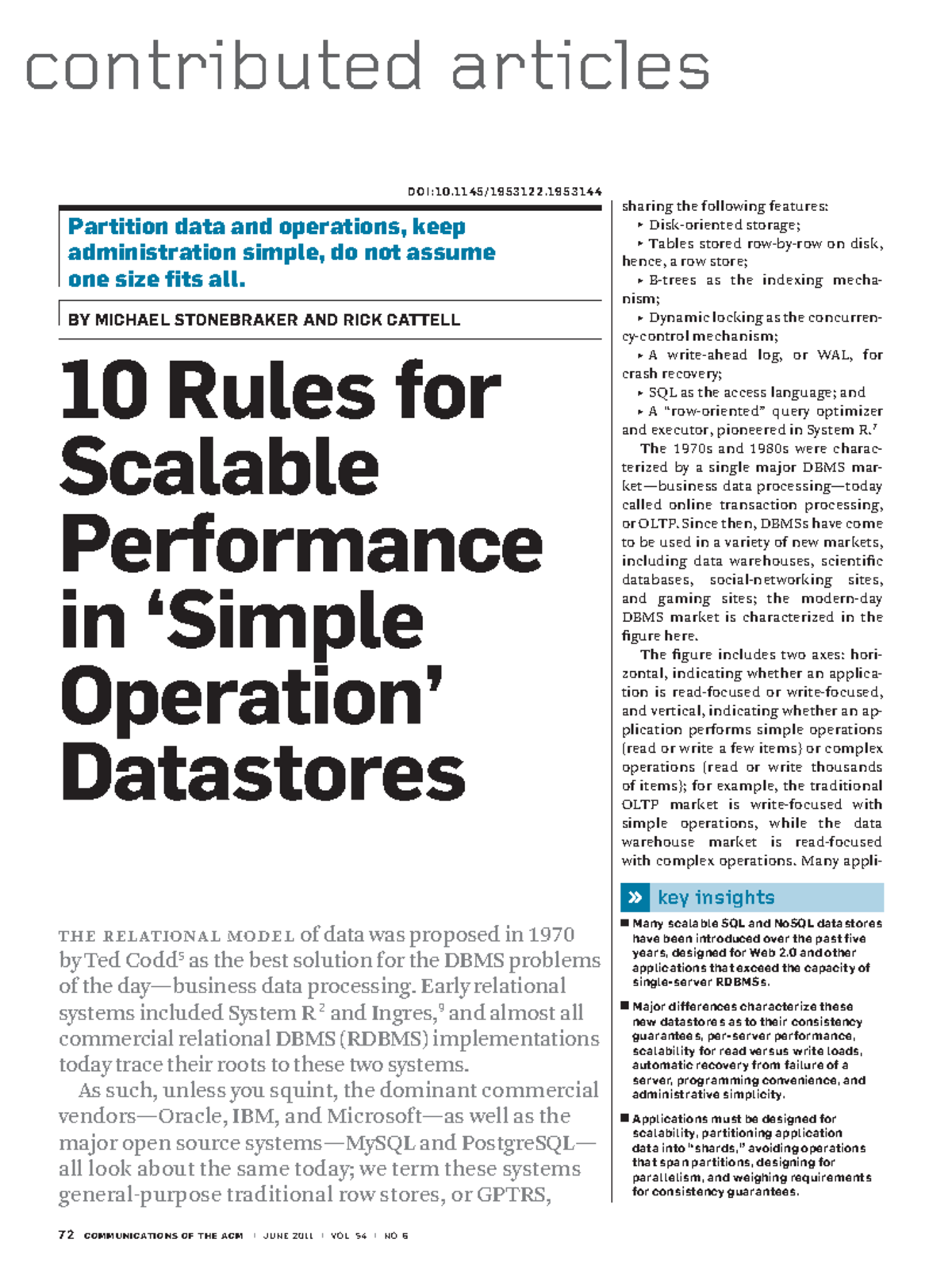 Ten Rules For Scalable Performance In Simple Operation Datastores - 72 CoMMuniCAT ions of Th e ...