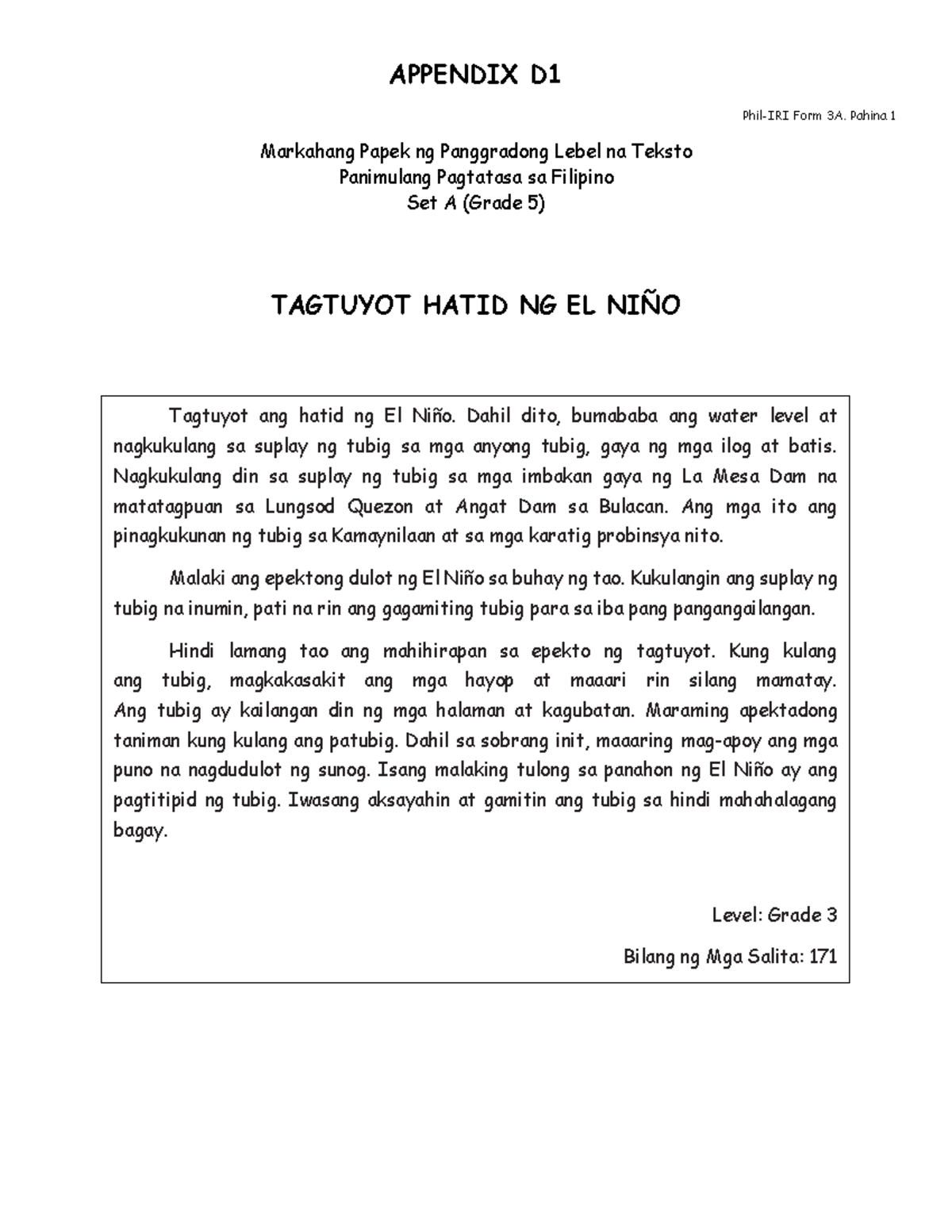Appendix D1 - fbm ako ang nais - APPENDIX D Phil-IRI Form 3A. Pahina 1 ...