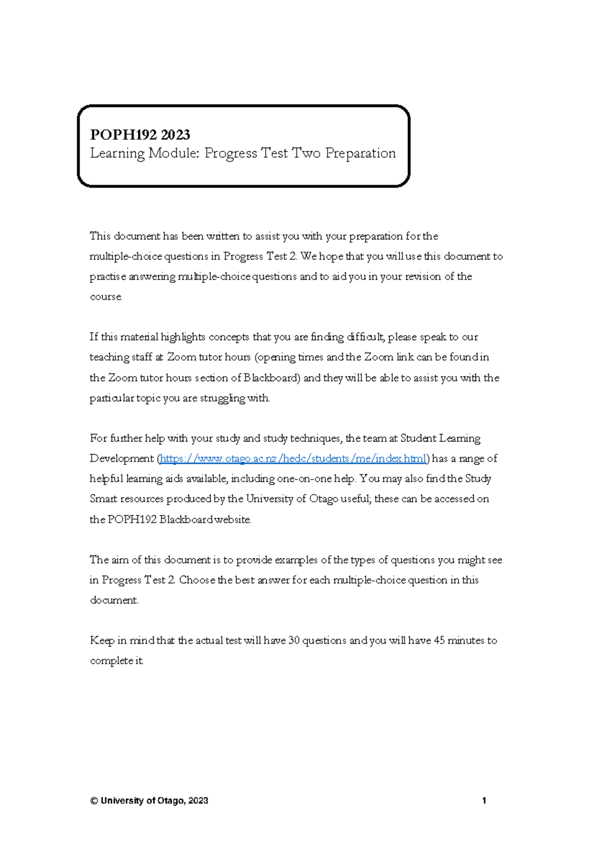 Learning module - Test 2 preparation 20230830 - POPH192 2023 Learning ...
