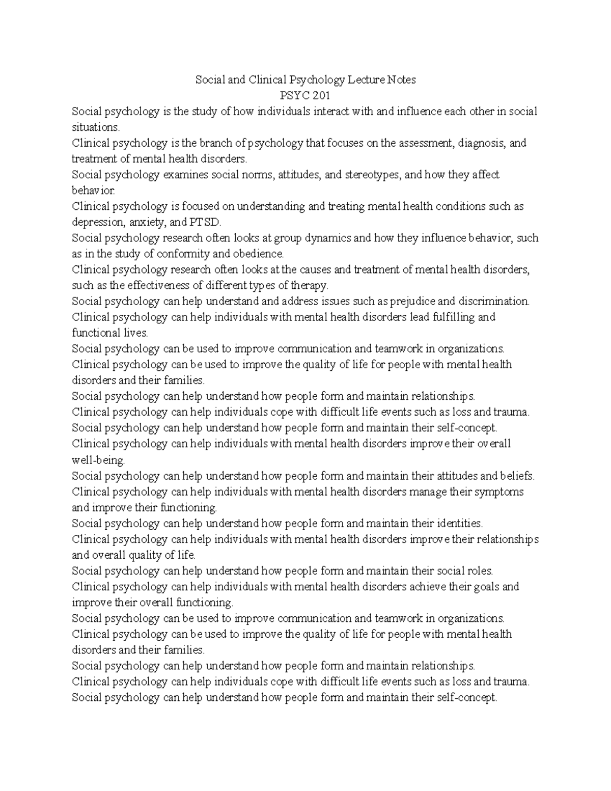 Social and Clinical Psychology Lecture Notes - Clinical psychology is ...
