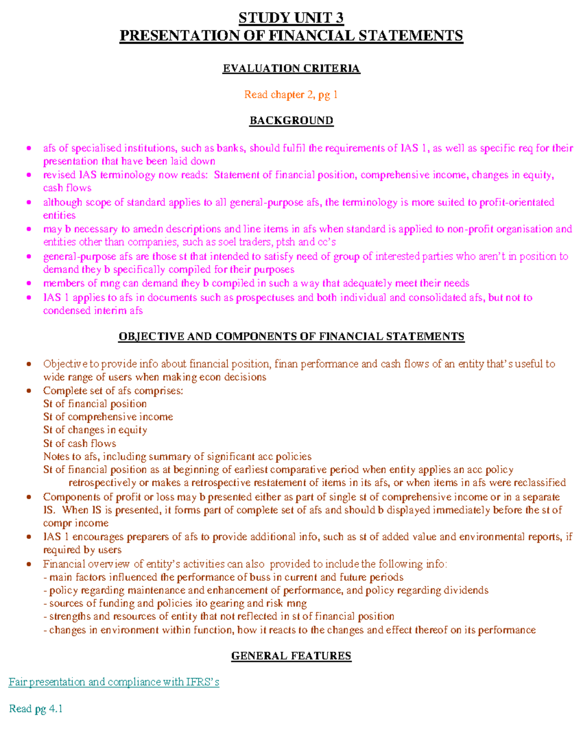 Notes SU 3 - Presentation of Financial Statements - STUDY UNIT 3 ...