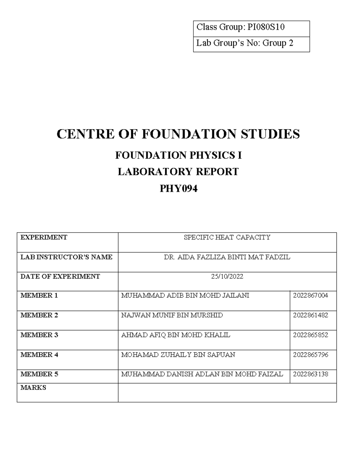 PHY 094 EXP Specific HEAT Capacity - CENTRE OF FOUNDATION STUDIES FOUNDATION PHYSICS I ...