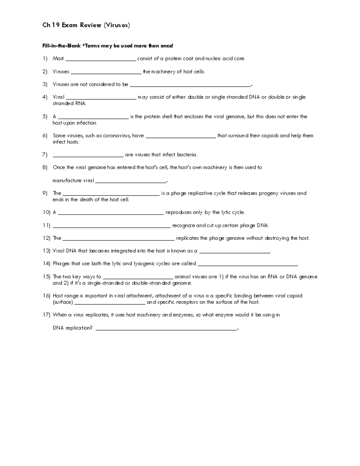Ch 19 Exam Review Worksheet - Ch 19 Exam Review (Viruses) Fill-in-the ...