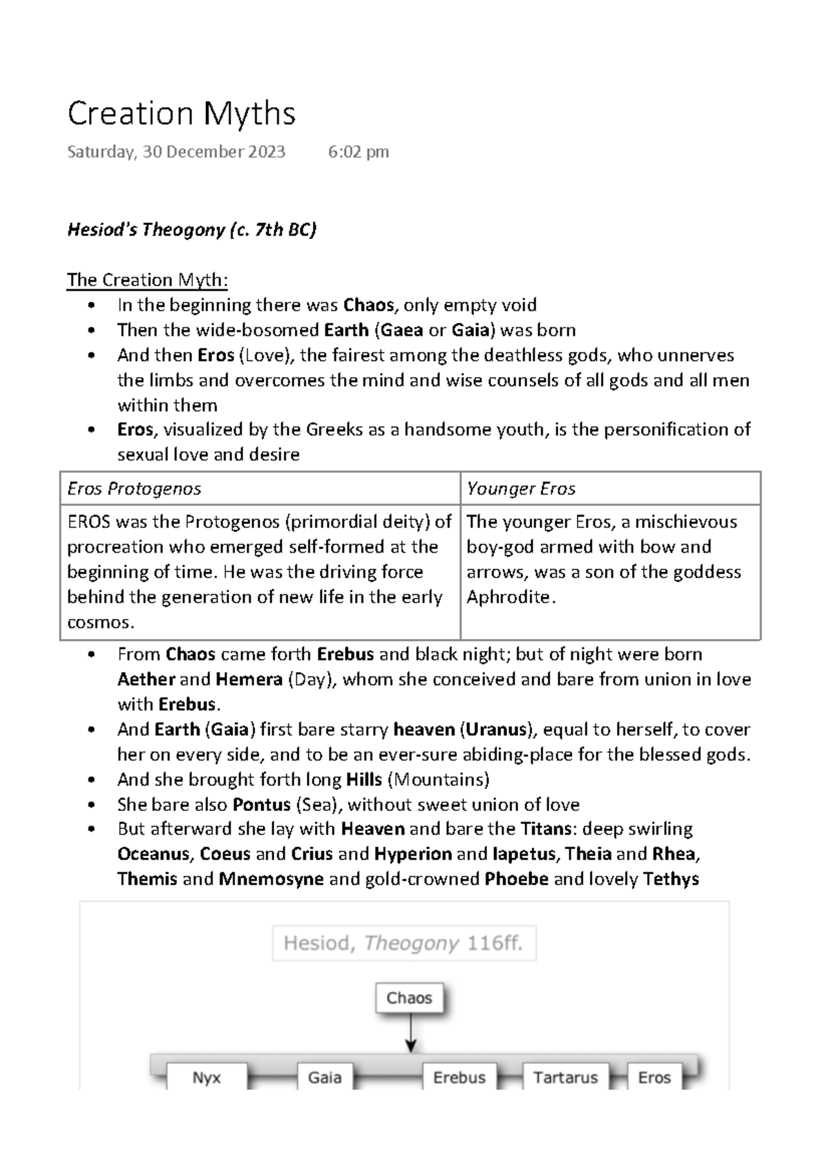 Lecture 1 Creation Myths Notes - Hesiod's Theogony (c. 7th BC) The ...