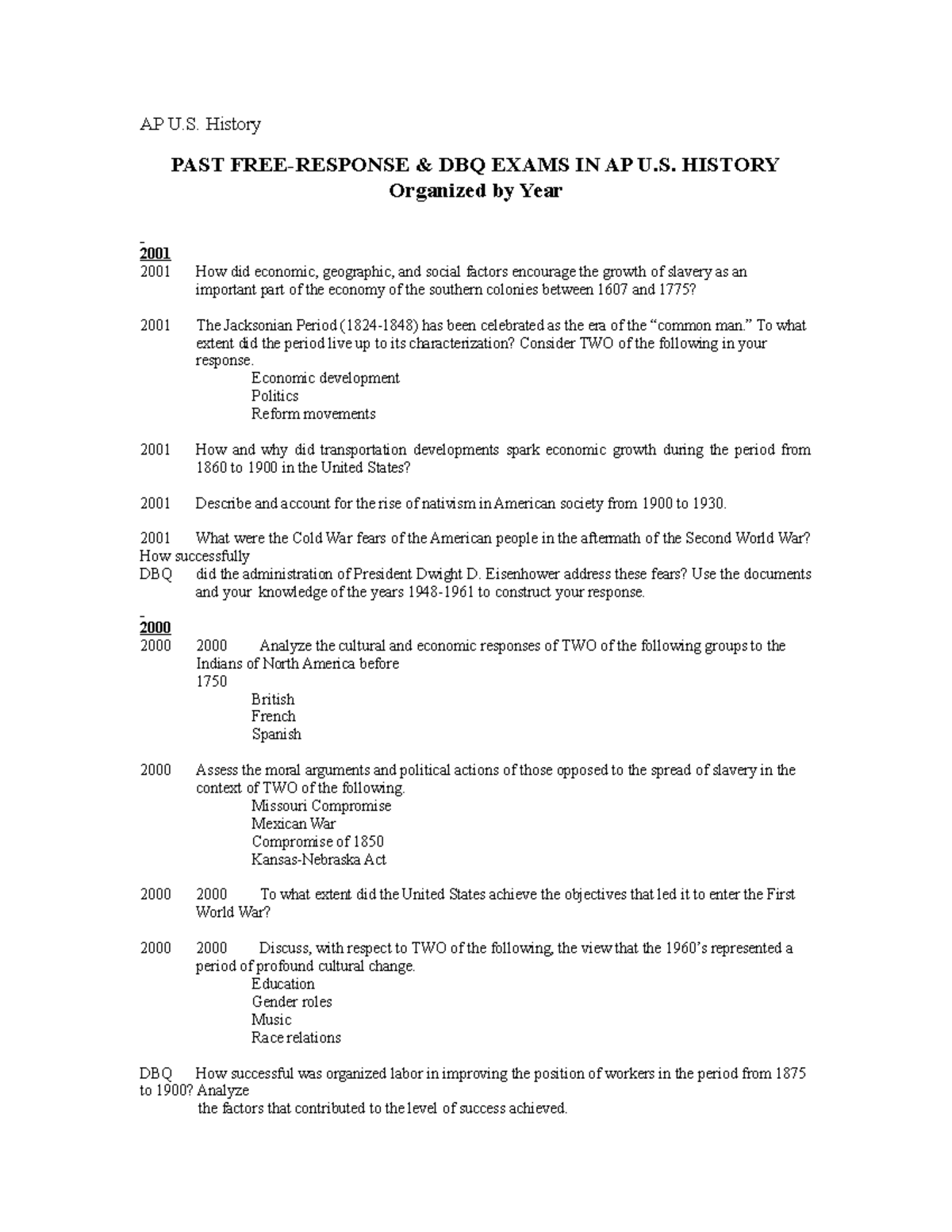 Essay Questions by Year - AP U. History PAST FREE-RESPONSE & DBQ EXAMS ...