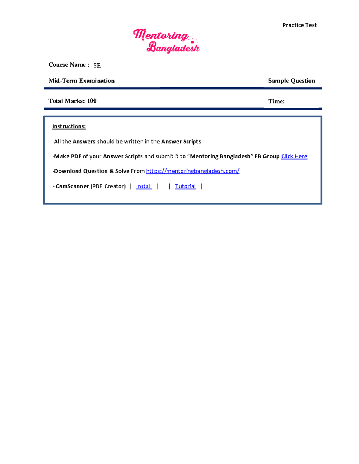Software Engineering-MID TERM - Practice Test Course Name : SE ...