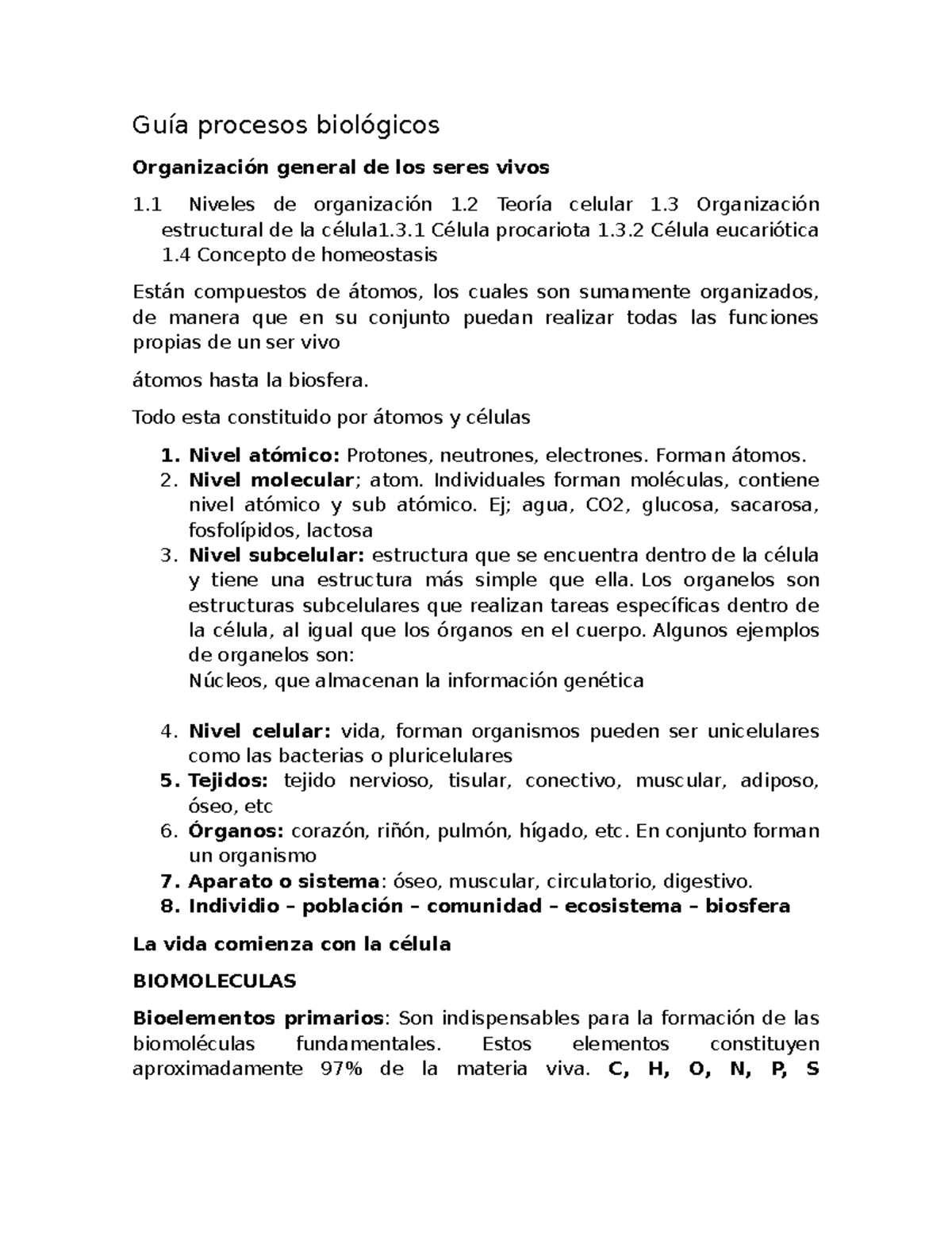 Guia procesos - Guía procesos biológicos Organización general de los ...