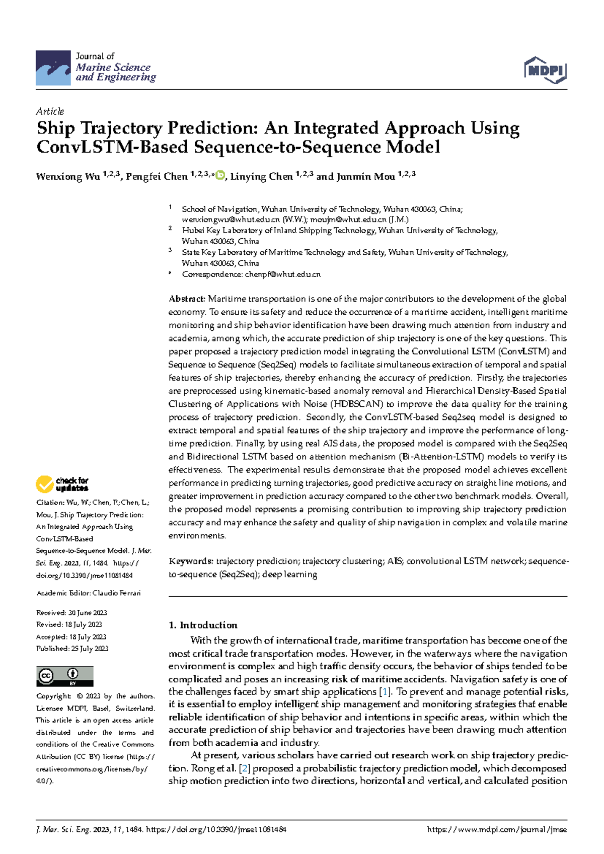 Ship Trajectory Prediction An Integrated Approach - Citation: Wu, W.; Chen, P.; Chen, L.; Mou, J ...