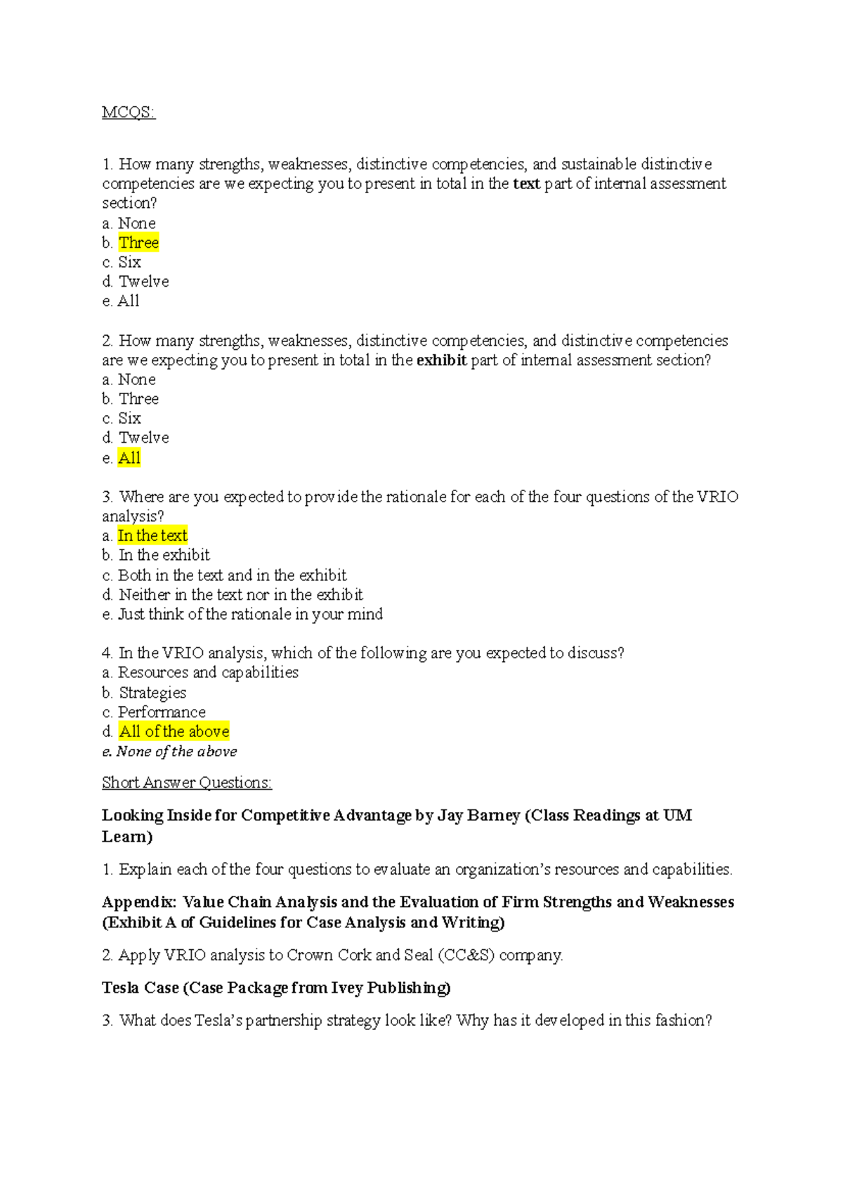Class 4 Answers - MCQS: How many strengths, weaknesses, distinctive ...