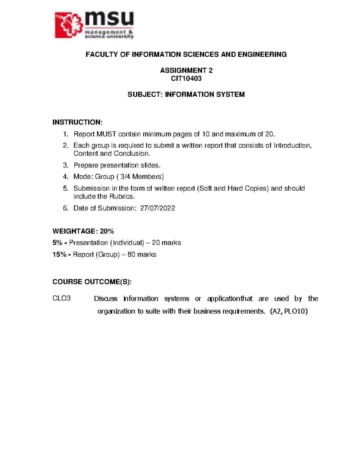 IS Assignment 2 2022 - FACULTY OF INFORMATION SCIENCES AND ENGINEERING ...