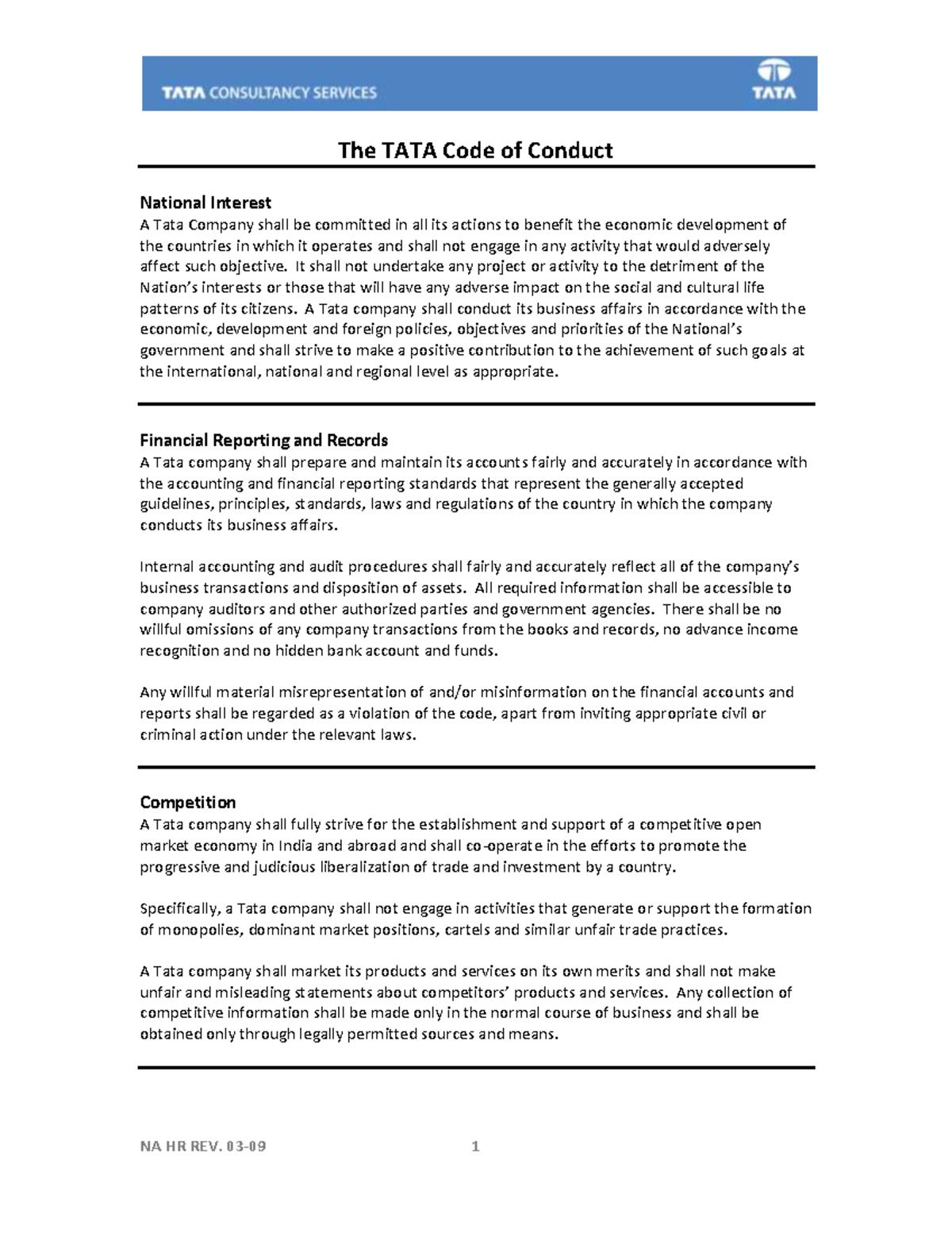 TATA Code of Conduct and behavior for a new employee - The TATA Code of ...