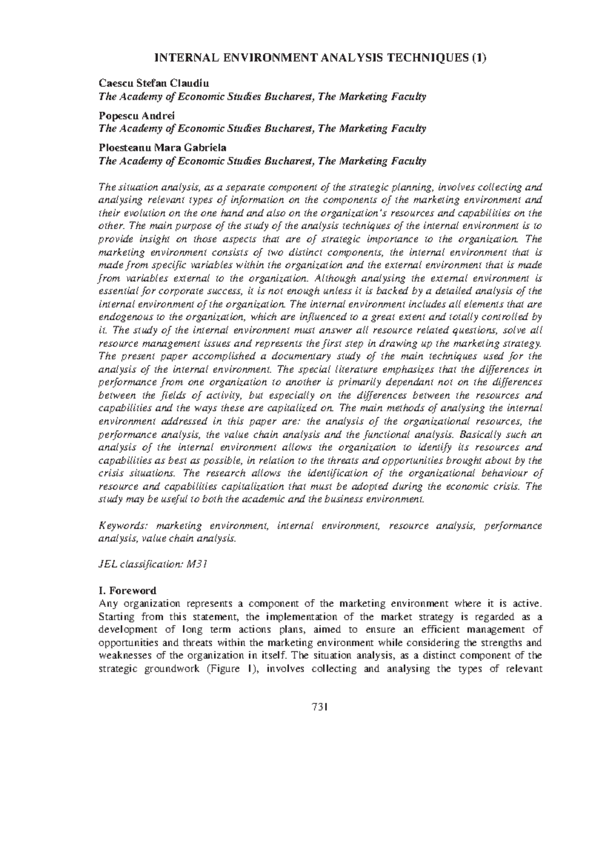 Internal Environment Analysis Techniques - INTERNAL ENVIRONMENT ANALYSIS TECHNIQUES (1) Caescu ...