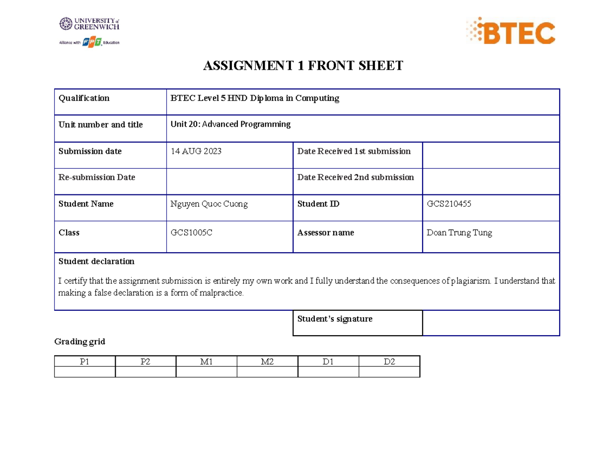 GCS1005C - Assignment 2 frontsheet - Nguyen Quoc Cuong - ASSIGNMENT 1 FRONT SHEET Qualification ...